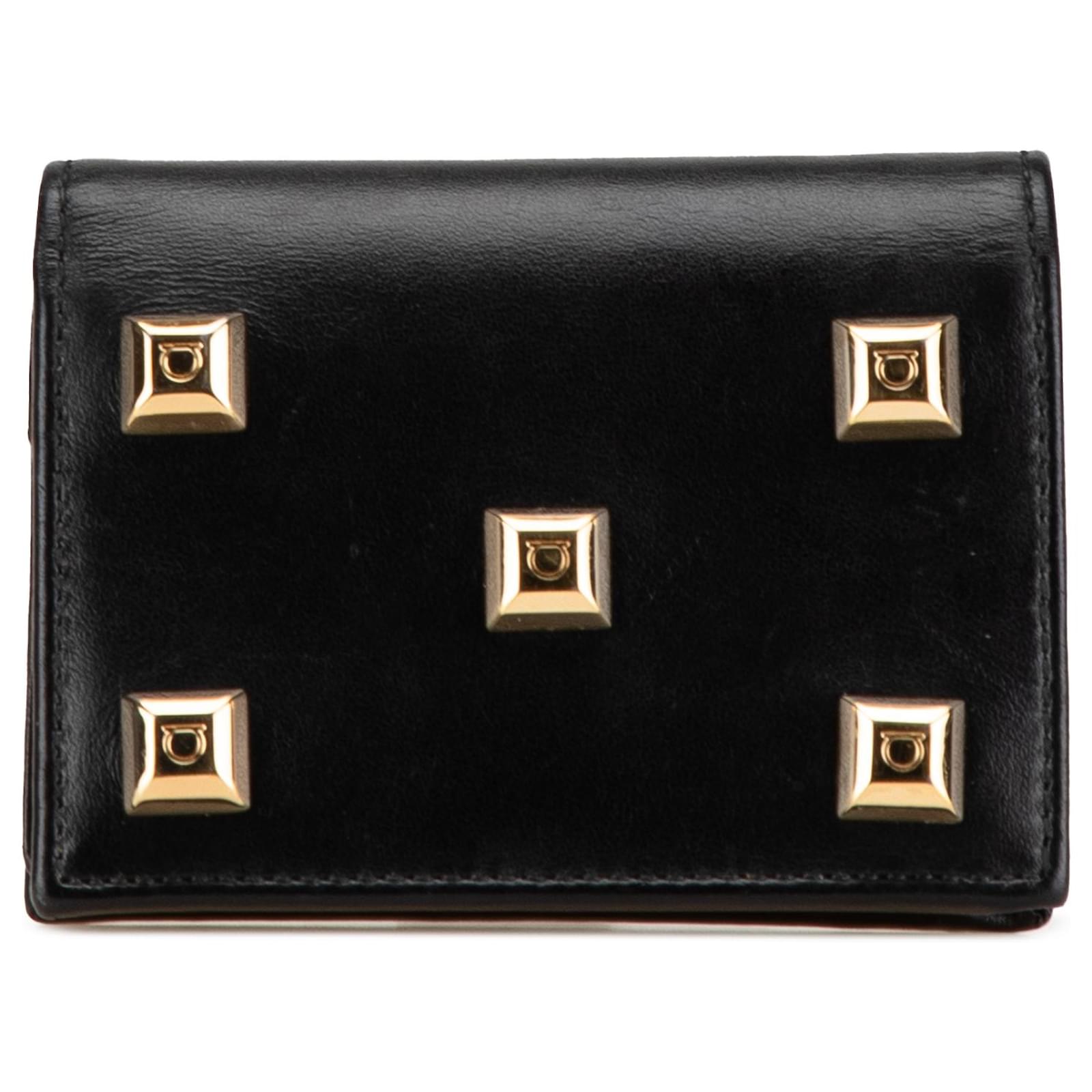 Salvatore Ferragamo Ferragamo Black Studded Leather Compact Wallet Pony ...