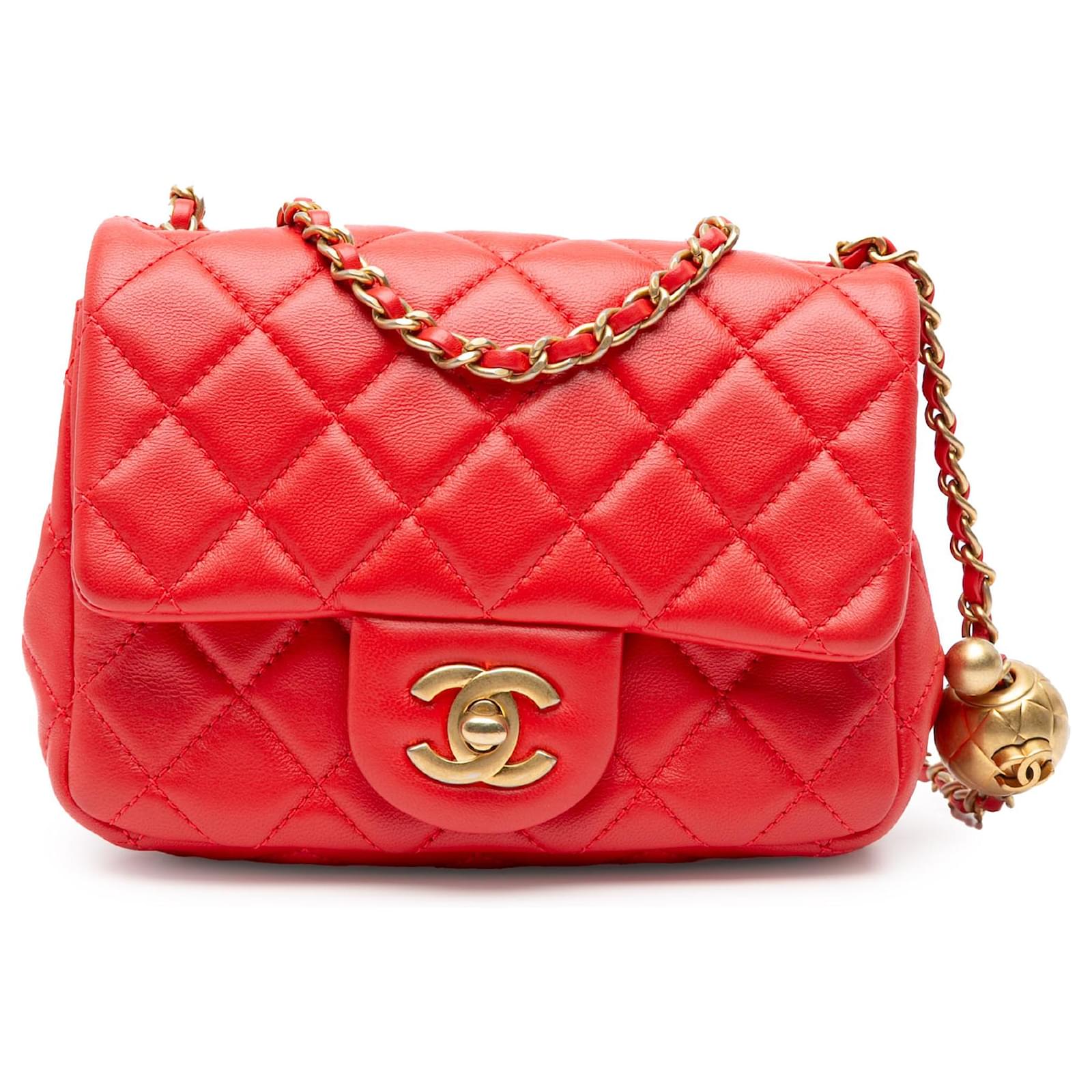 Chanel Red Mini Square Classic Lambskin Pearl Crush Single Flap Leather ...