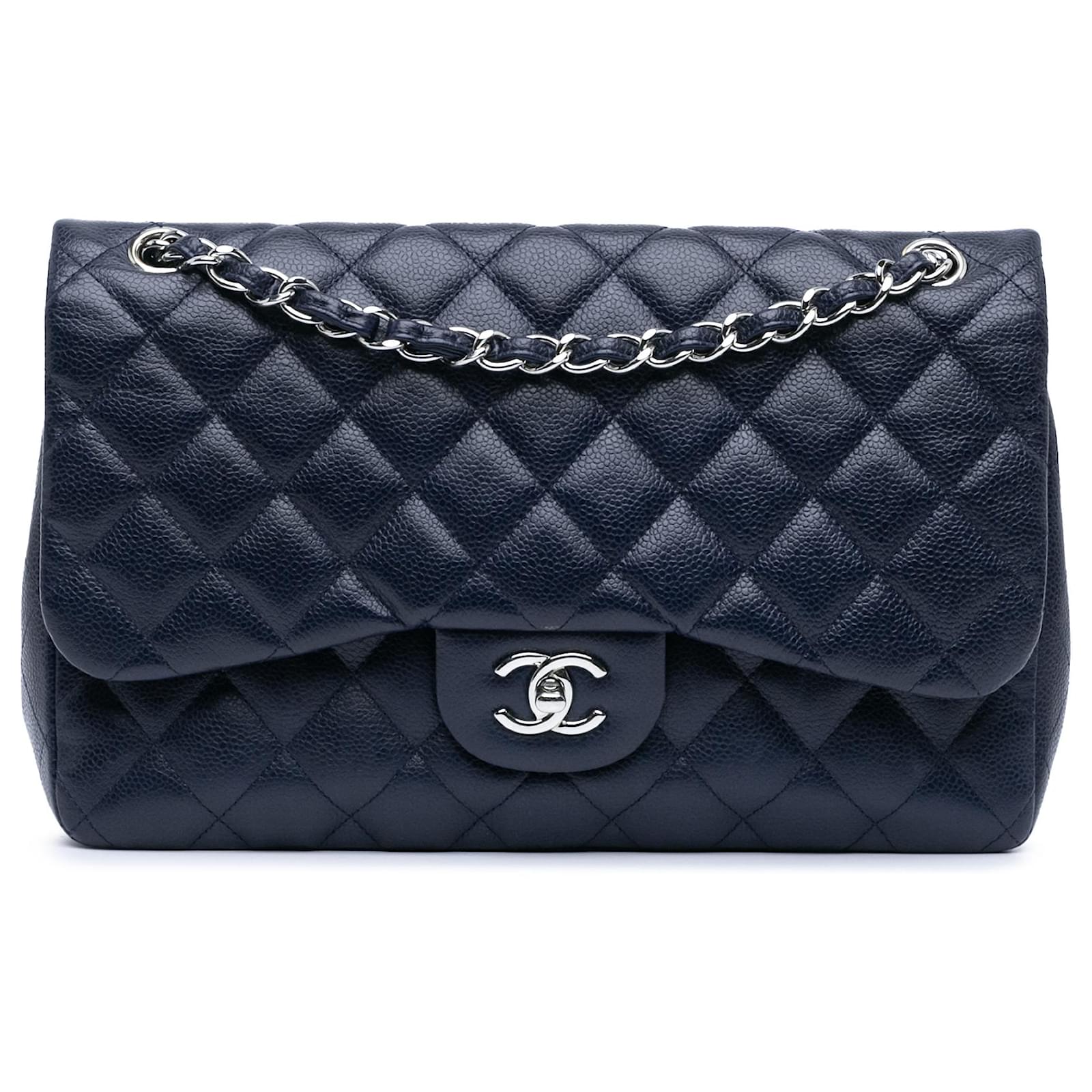 Chanel Blue Jumbo Classic Caviar Double Flap Navy blue Leather ref ...