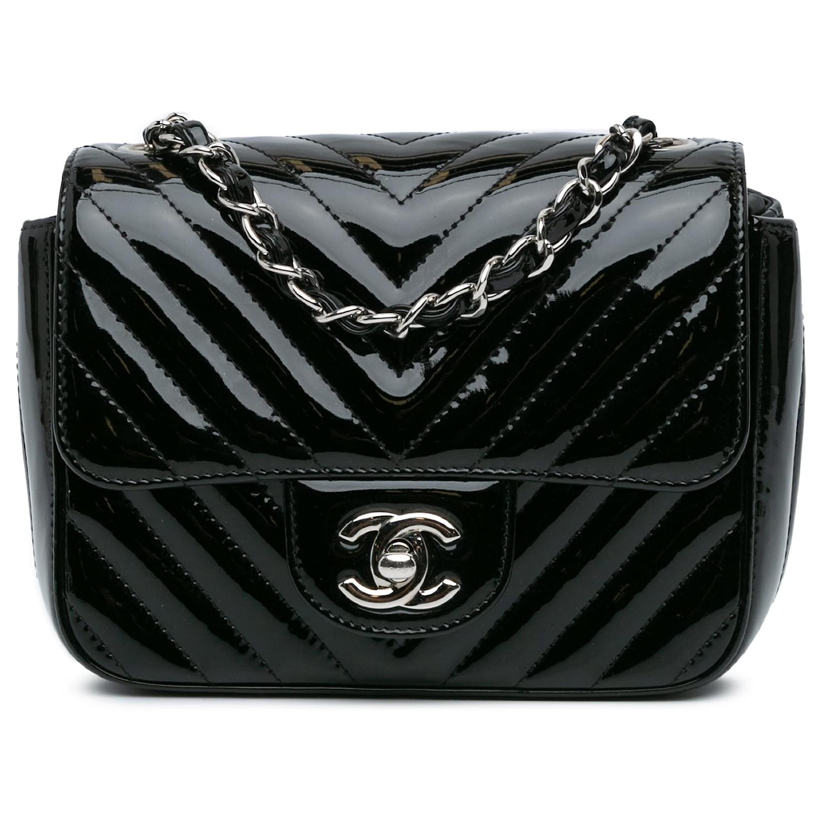 Chanel Black Mini Square Classic Patent Chevron Flap Leather Patent ...