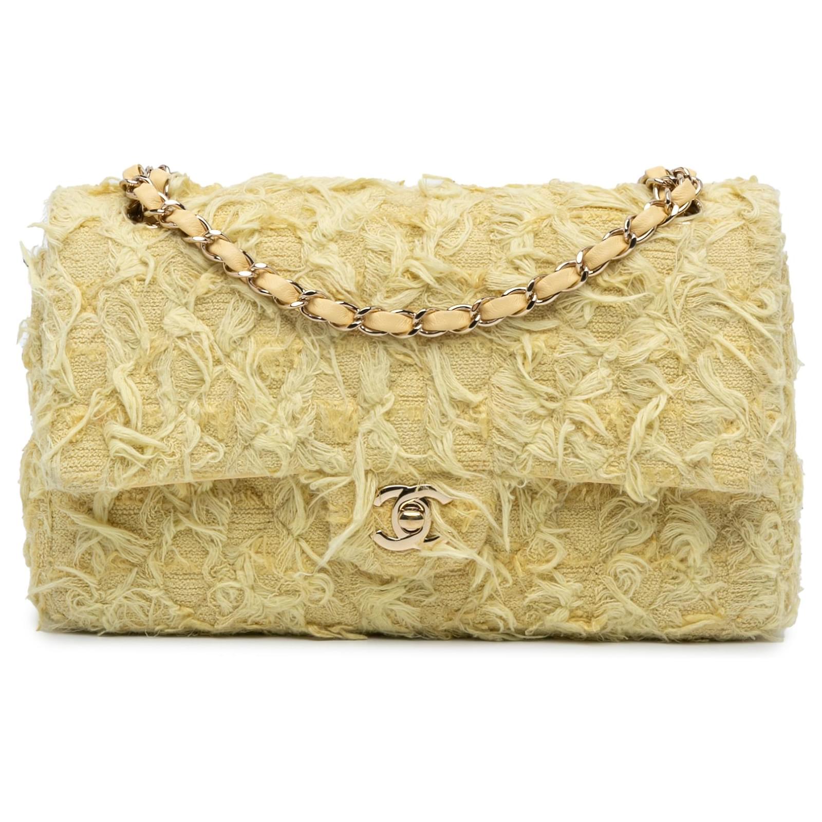 Chanel Yellow Medium Classic Fringed Tweed Double Flap Cloth ref ...