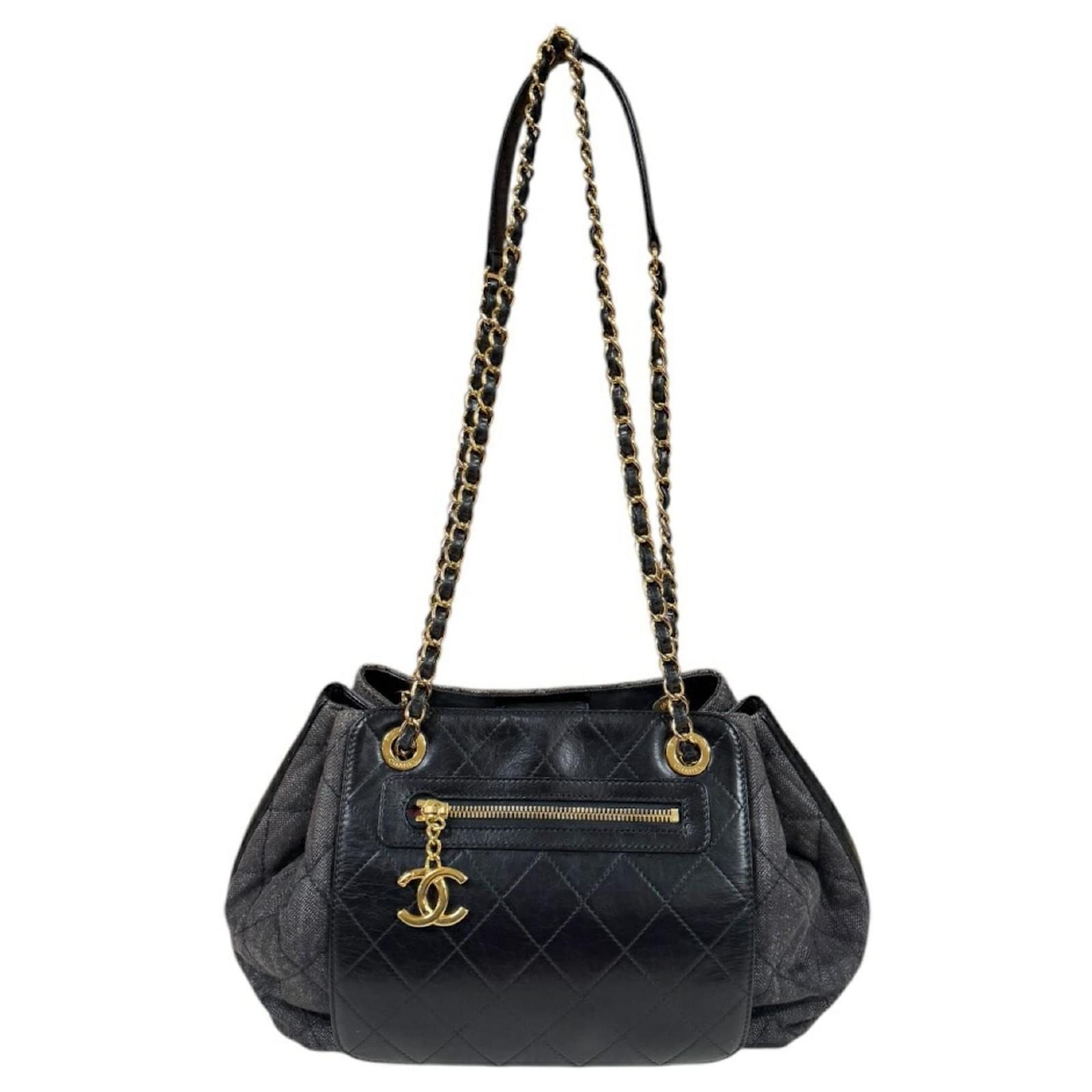 Chanel Denim Shoulder Bag Brown Black Leather ref.1986282 - Joli Closet