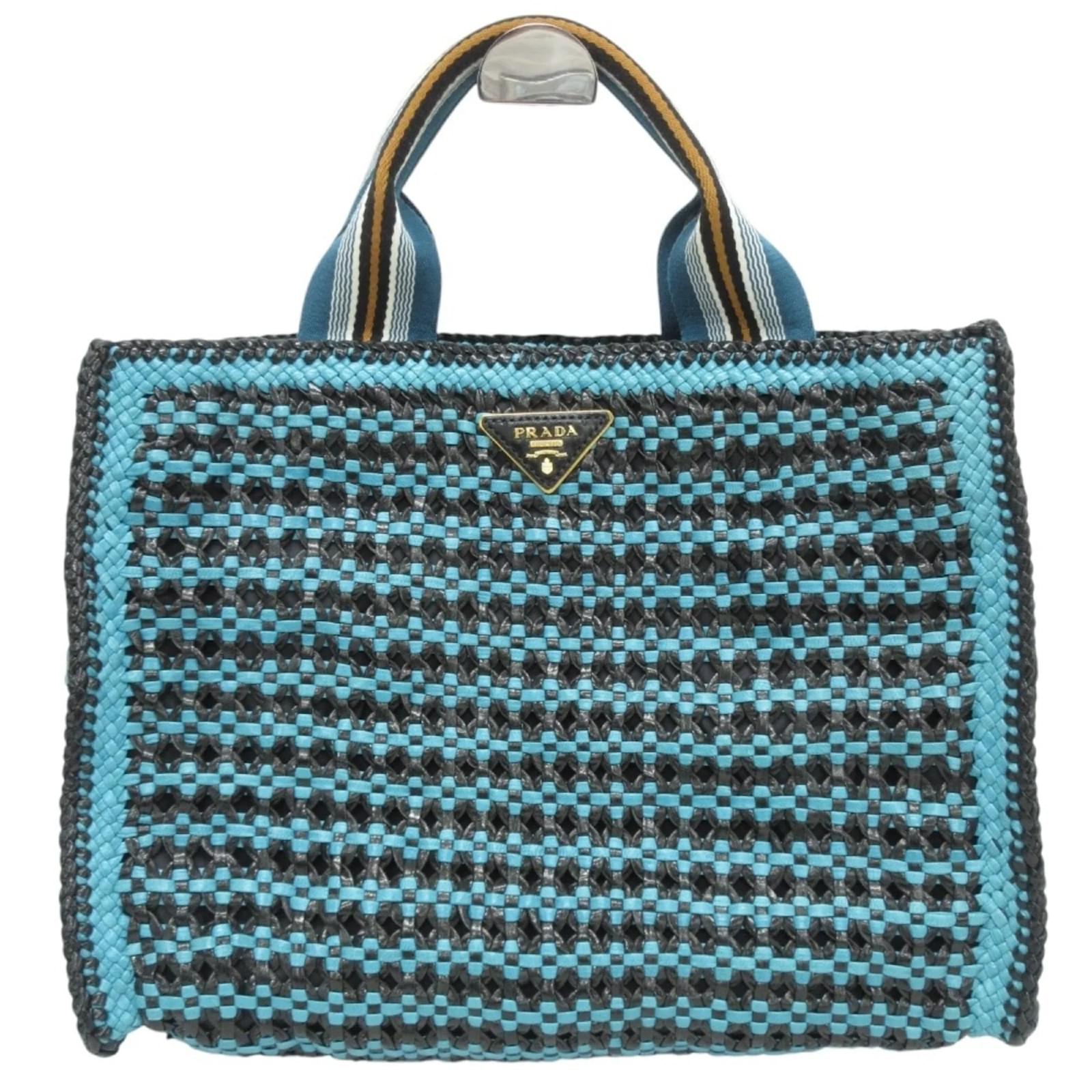 Prada Madras Triangle Logo Plate Mesh Leather Tote Bag Black Blue ref ...