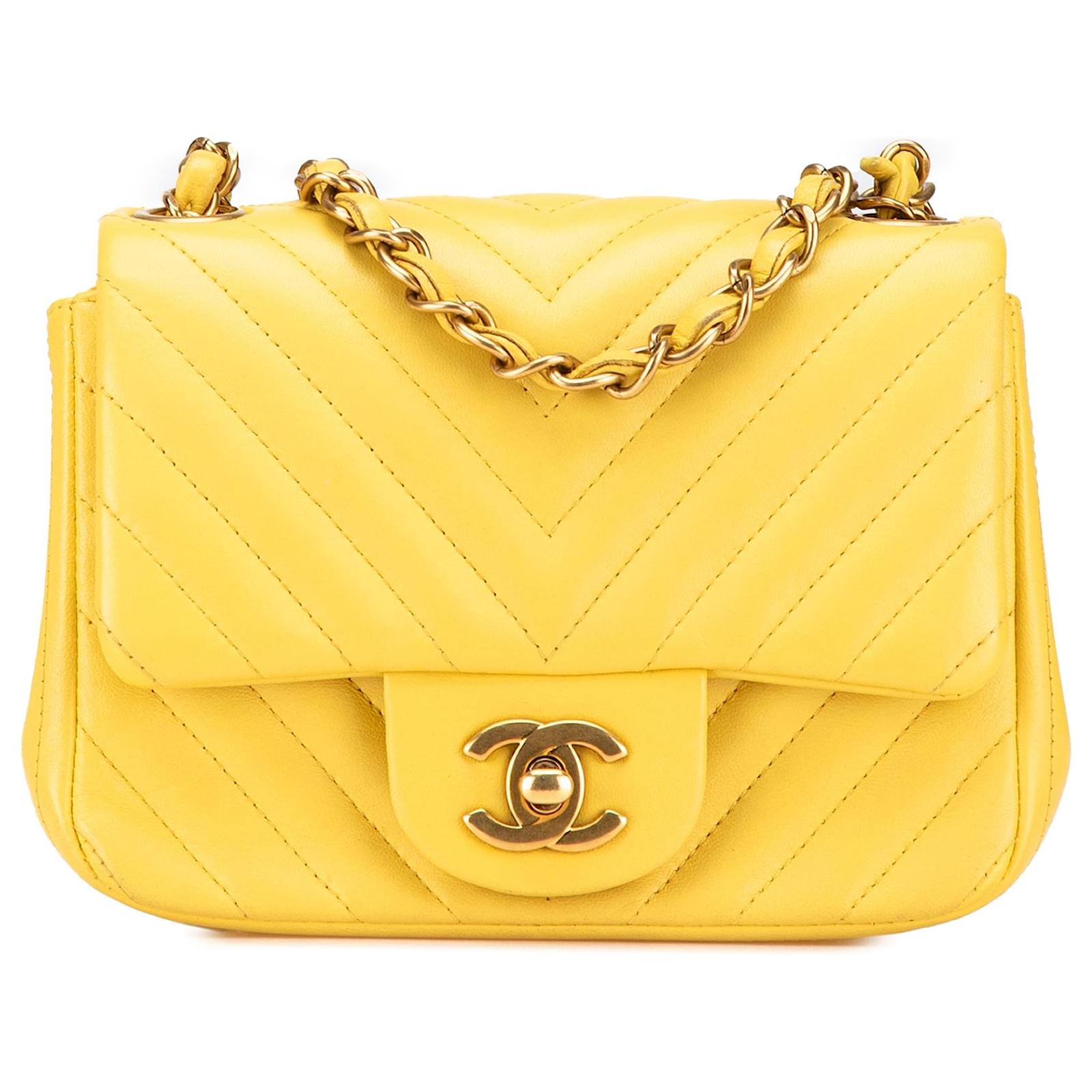 Chanel Yellow Mini Square Classic Chevron Lambskin Single Flap Leather ...
