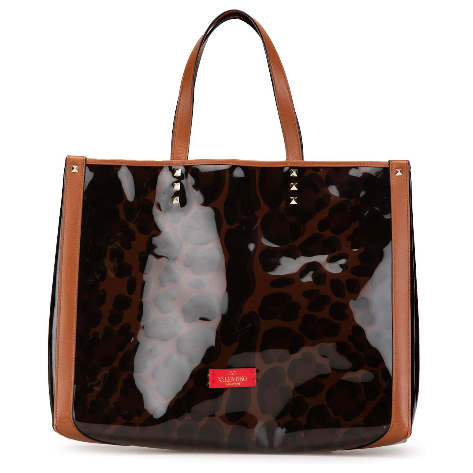 Valentino Brown Small PVC Leopard Print Rockstud Shopping Tote Plastic ...