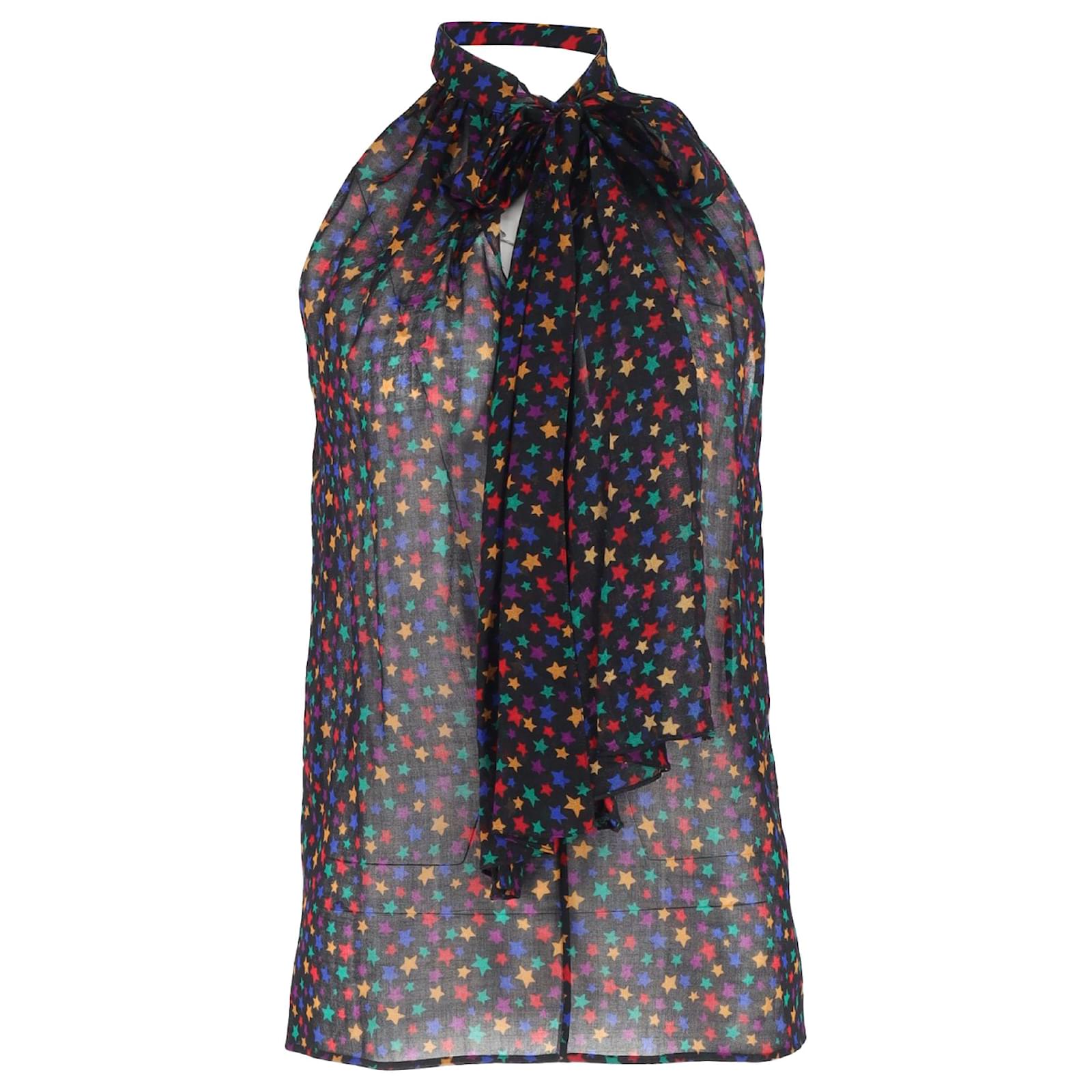 Saint Laurent Star Print Bow Detail Blouse in Black Silk Multiple ...