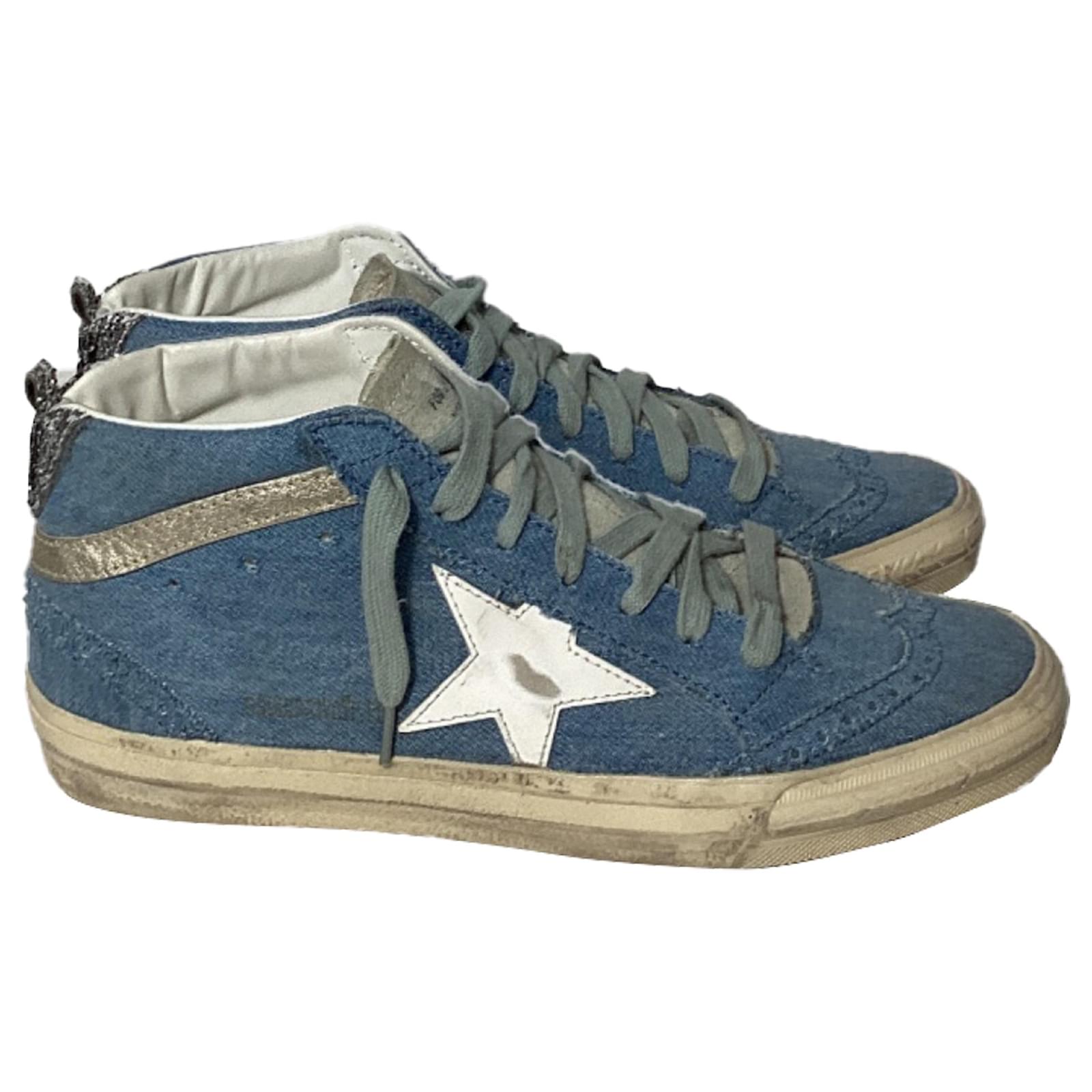 Golden Goose Mid Star High Top Sneakers in Blue Distressed Denim Light ...