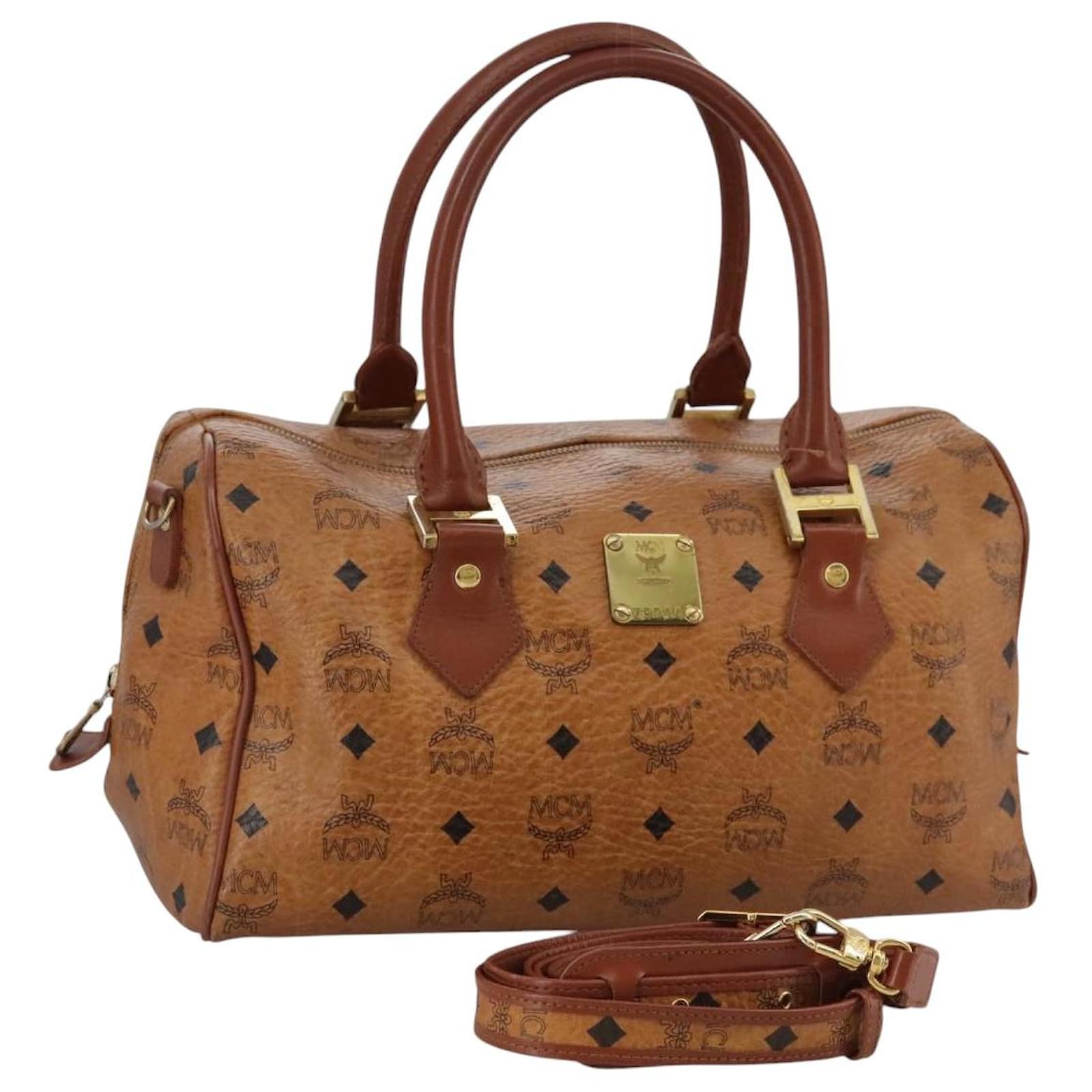 MCM Vicetos Logogram Mini Boston Bag PVC Leather 2way Brown Gold Auth ...