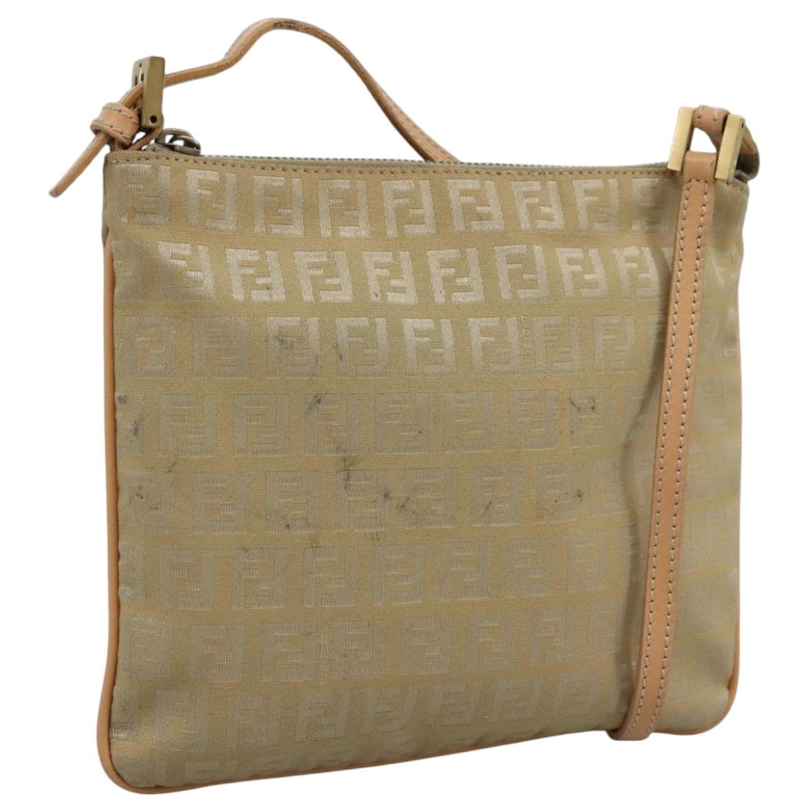 FENDI Zucchino Canvas Shoulder Bag Beige Gold Auth bs21960 Golden ref ...