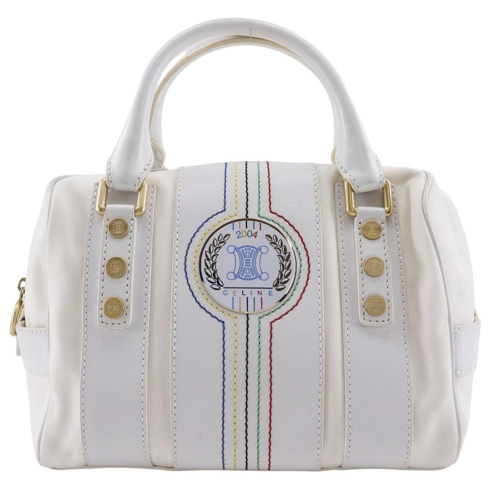 Céline Celine Mini Boston Handbag Nylon Canvas Leather White Cloth ref ...