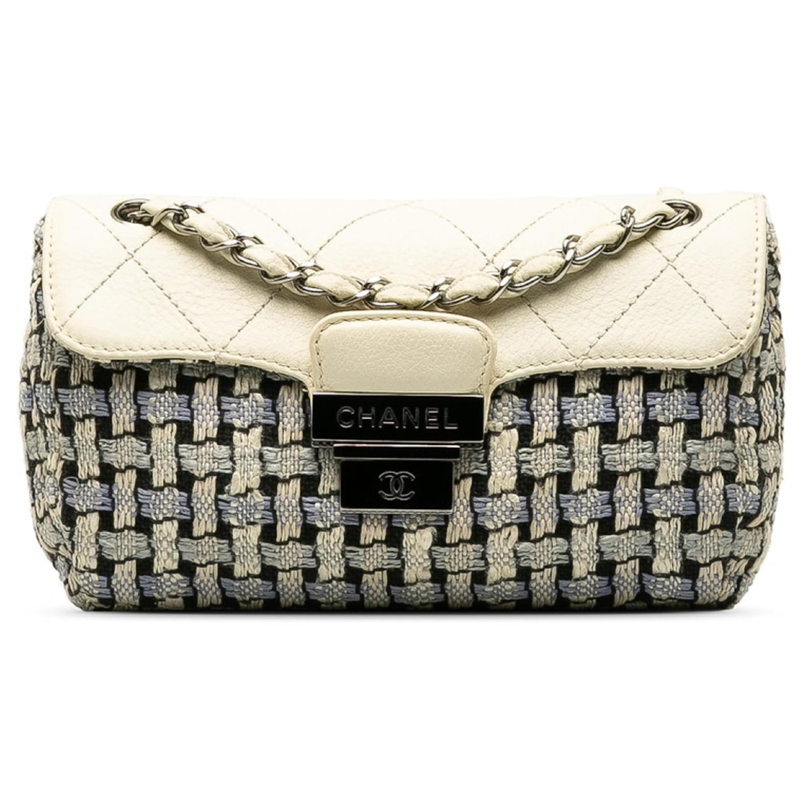 Chanel Wild Stitch Coco Mark Tweed Chain Shoulder Bag White Blue Wool ...