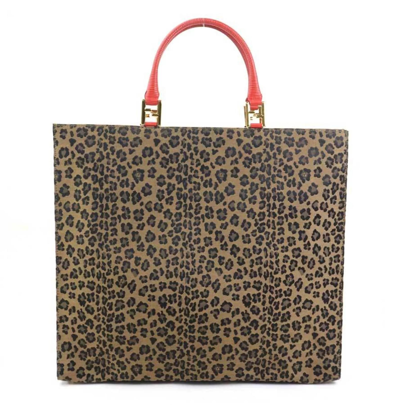 Fendi Leopard Canvas Leather Handbag Brown Black Red Cloth ref.2019615 ...