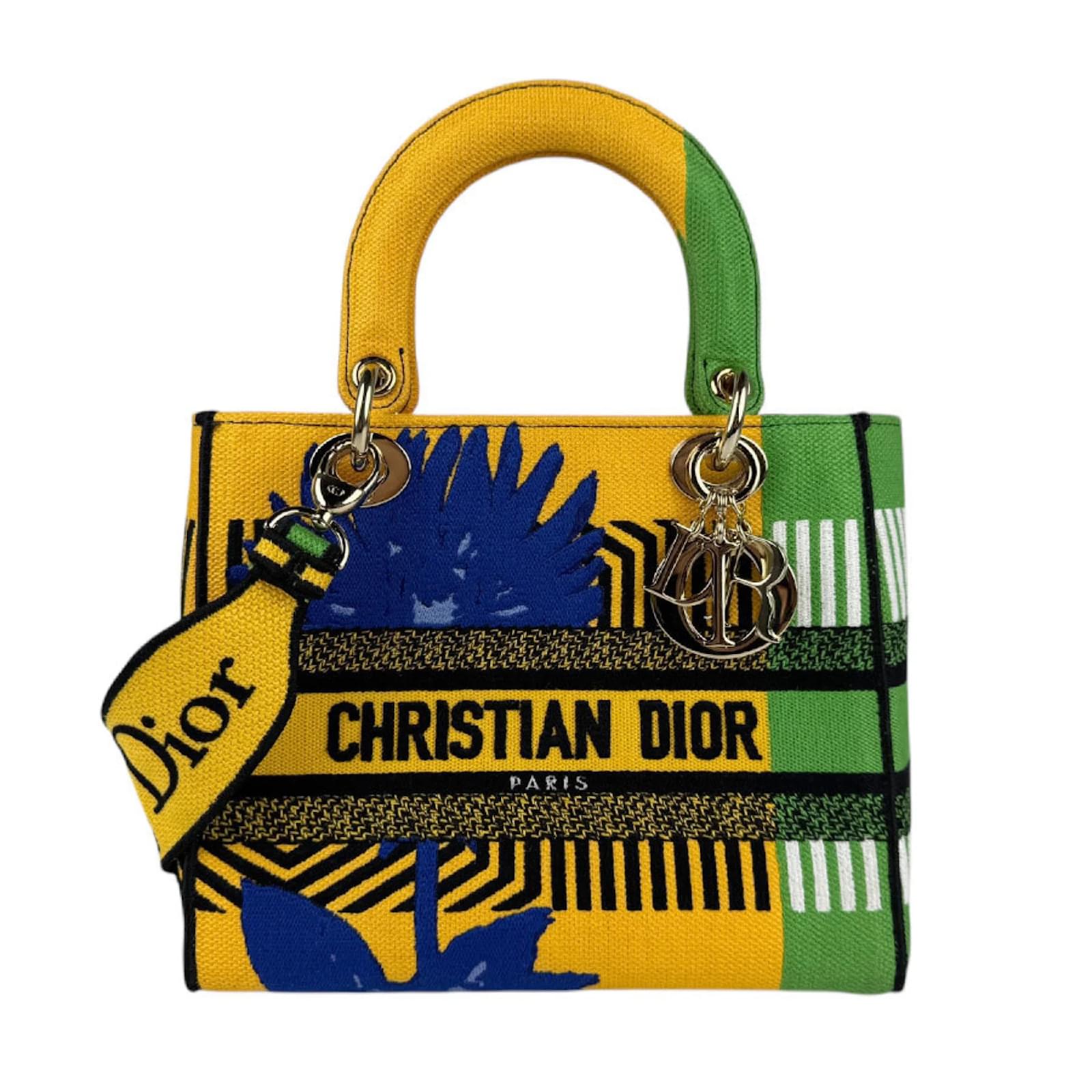 Christian Dior Lady Delight Canvas Handbag Blue Green Yellow Cloth ref ...