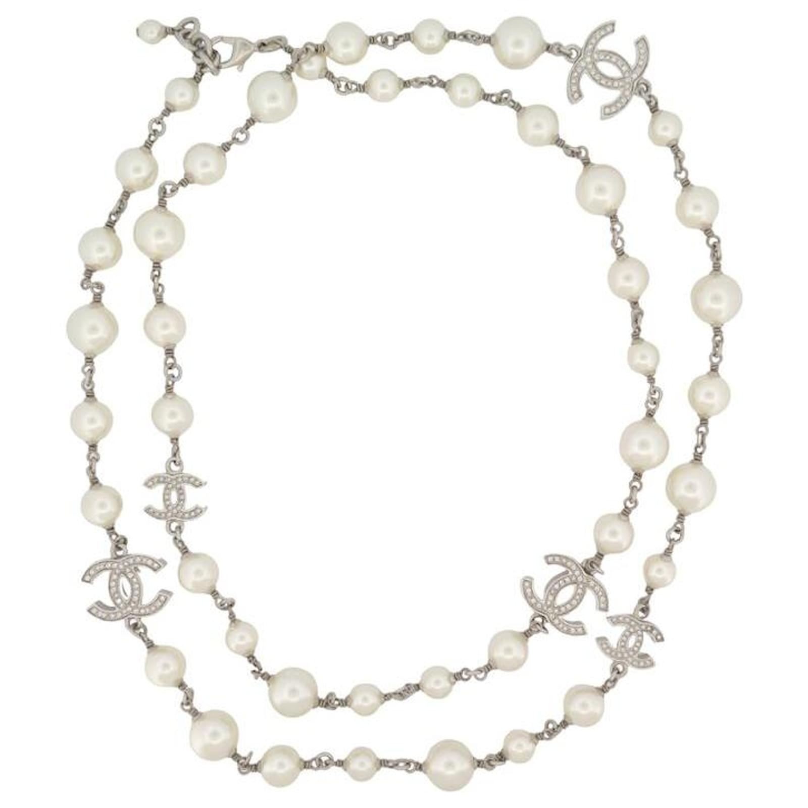 NINE CHANEL NECKLACE LONG PEARLS CC LOGO SILVER 102-104 PEARLS NEW ...