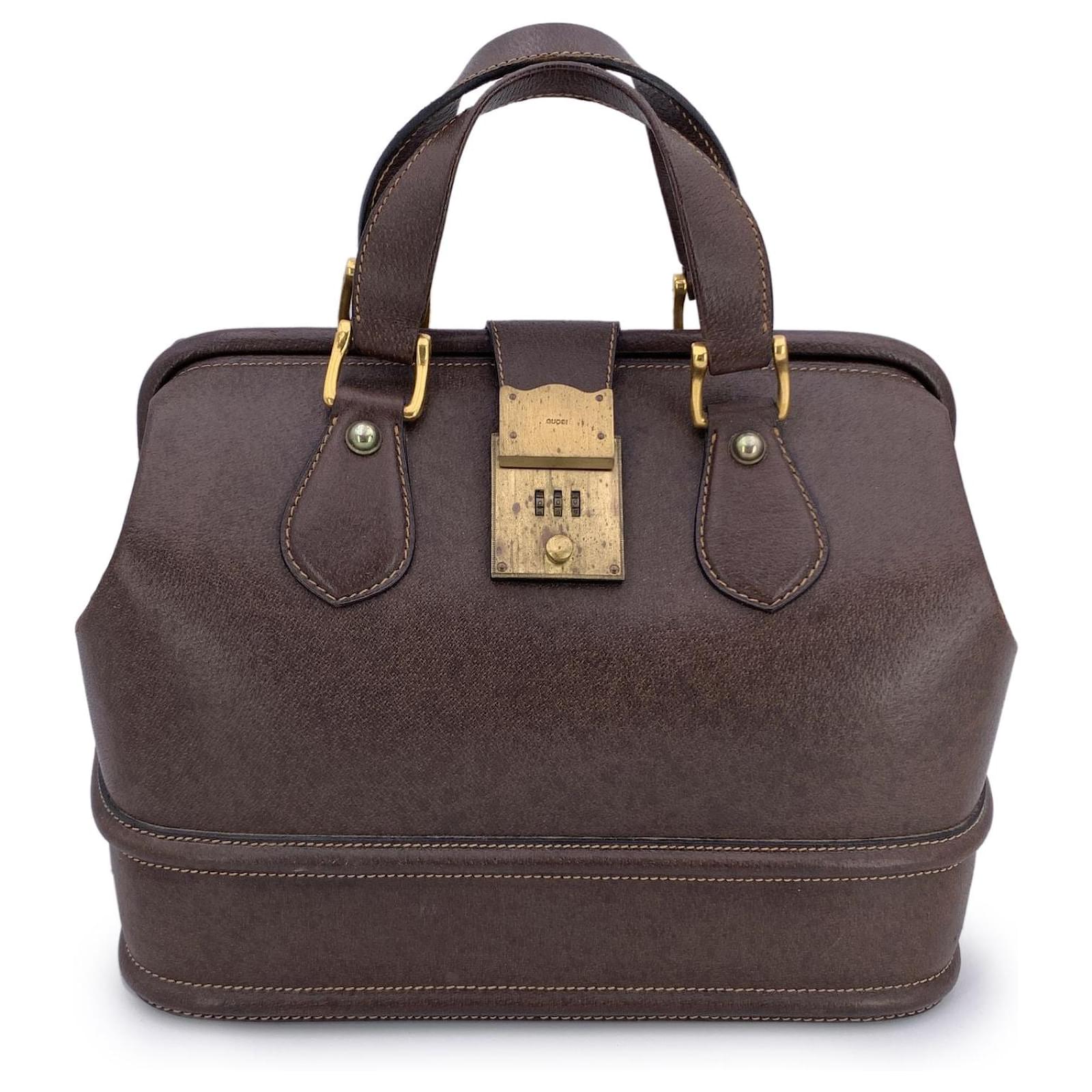 Gucci Vintage Brown Leather Travel Bag Train Case Beauty Handbag ref ...