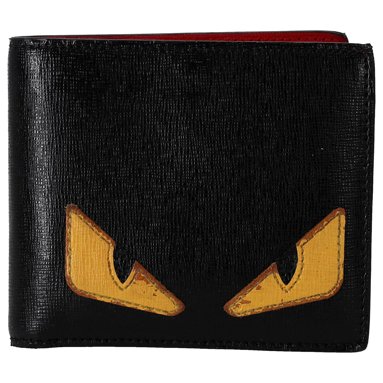 Fendi Monster Bifold Wallet Compact in Black Leather Yellow Camel ref ...
