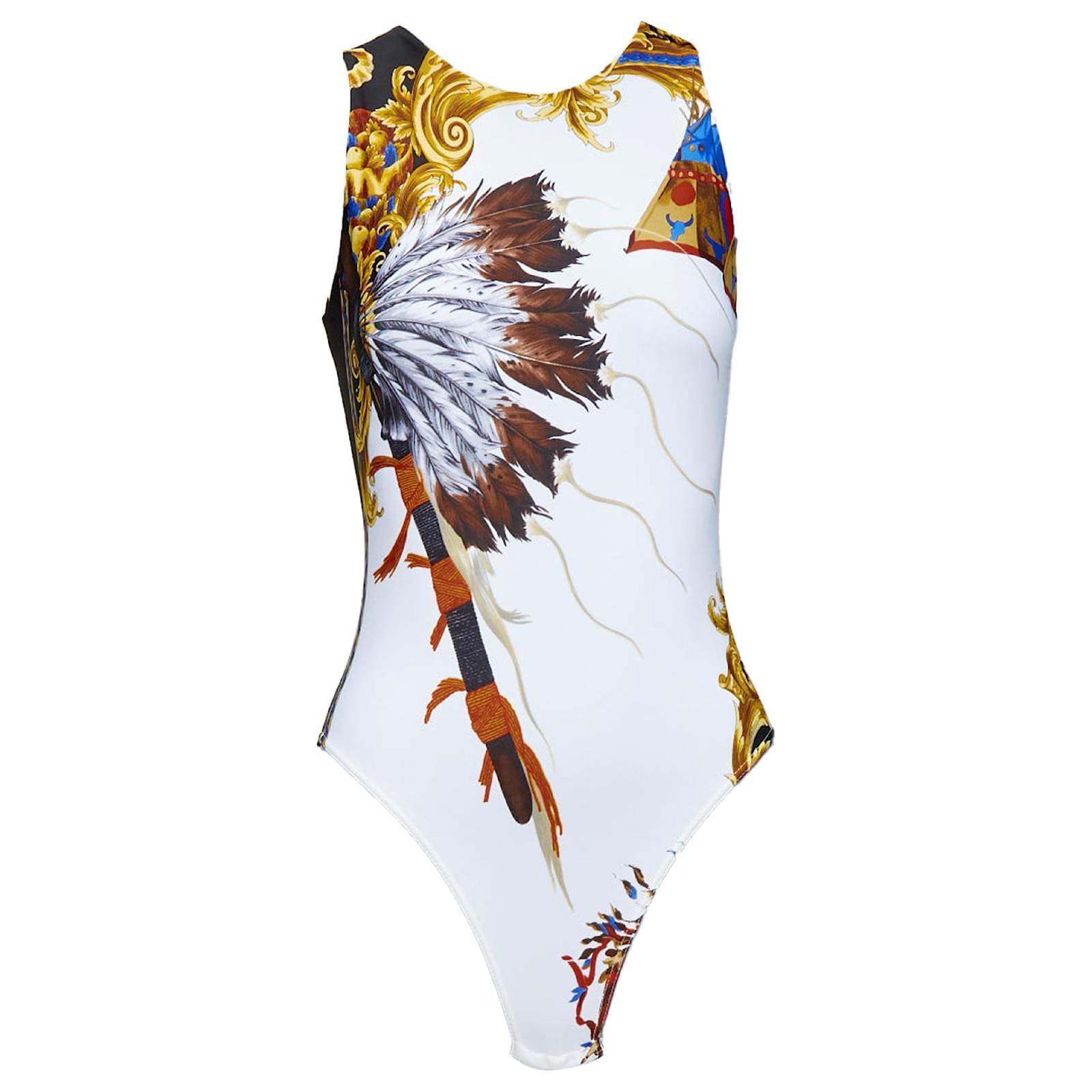 Versace Tribute native Americans colorful Indian print swimsuit White ...