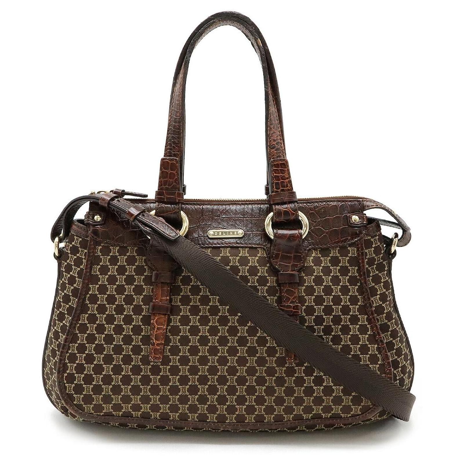 Céline Celine Macadam Pattern 2WAY Tote Bag Satin Canvas Leather Brown ...