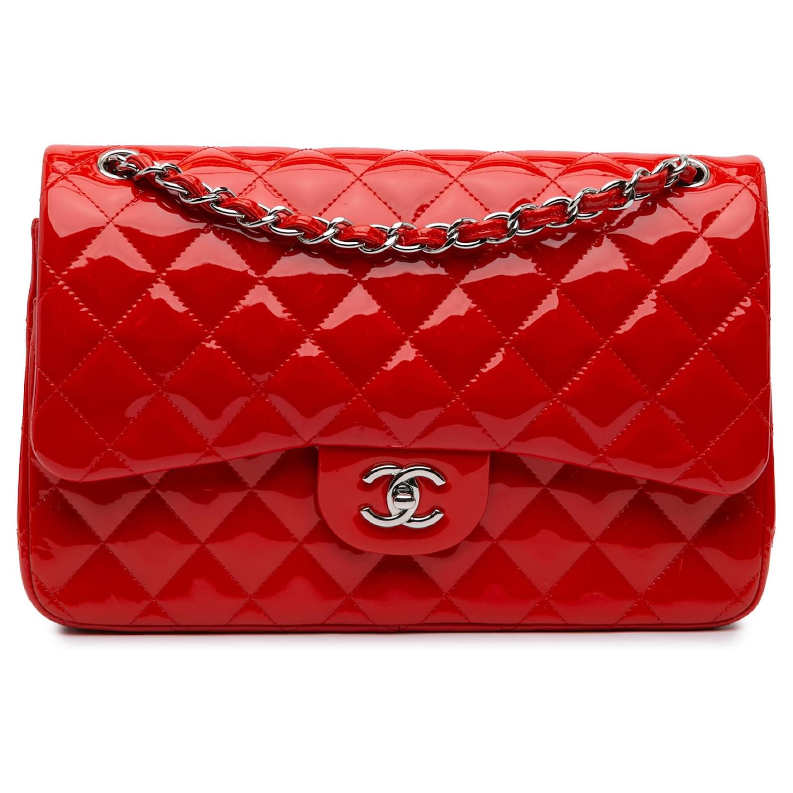 Chanel Red Jumbo Classic Patent Double Flap Leather Patent leather ref ...