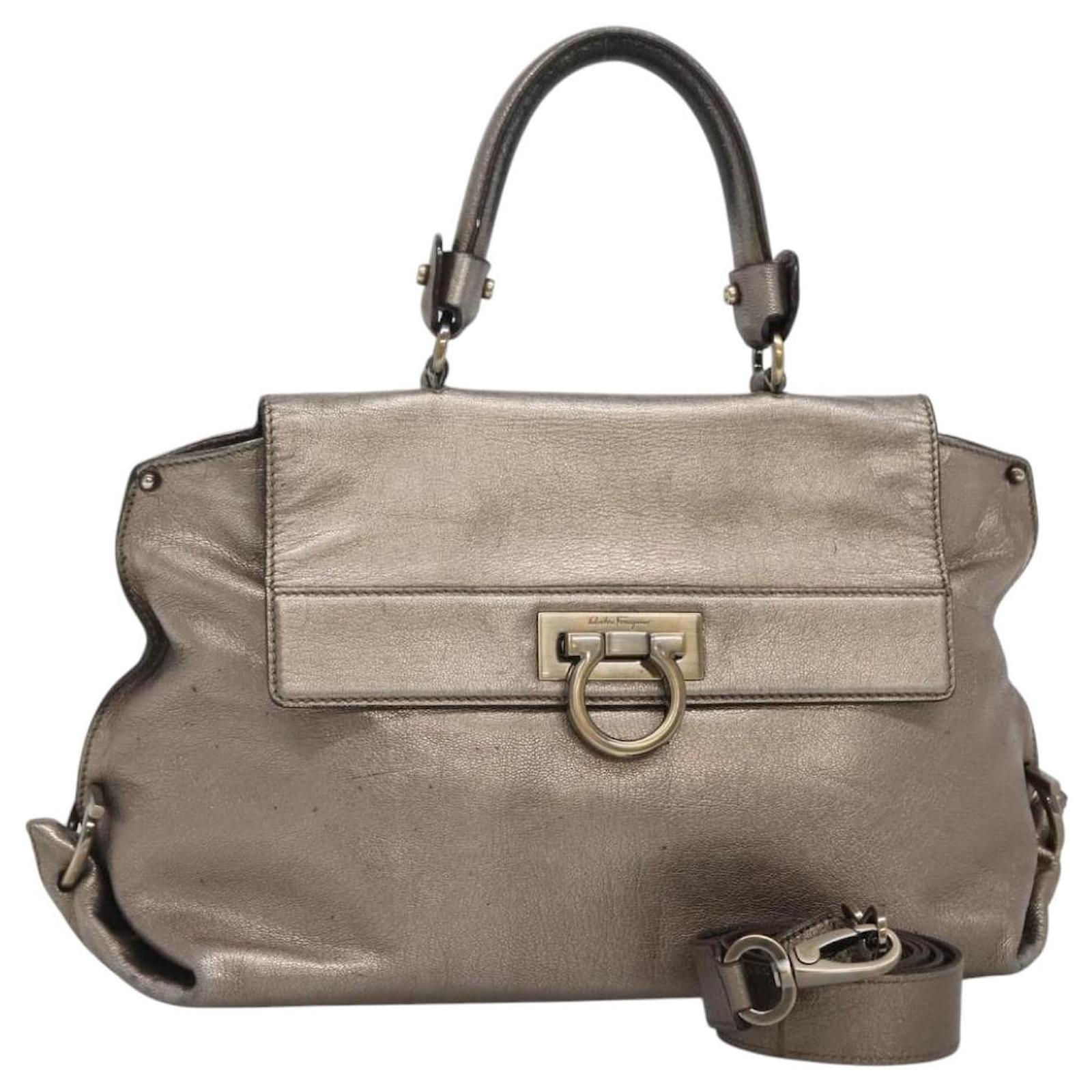Salvatore Ferragamo Gancini Sofia Hand Bag Leather 2way Silver Auth ...