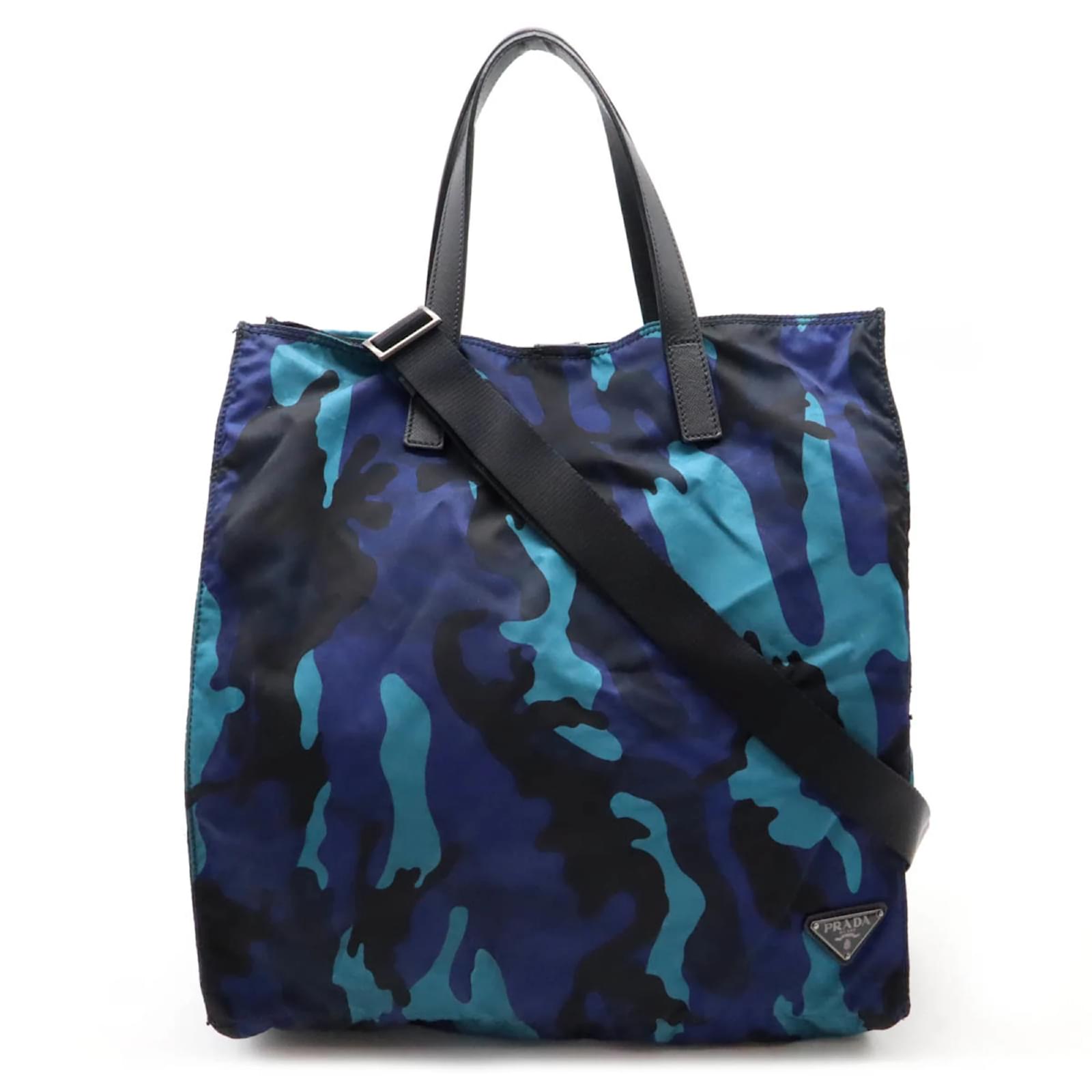 Prada Camouflage Pattern Tote Bag Blue Multiple colors Leather Nylon ...