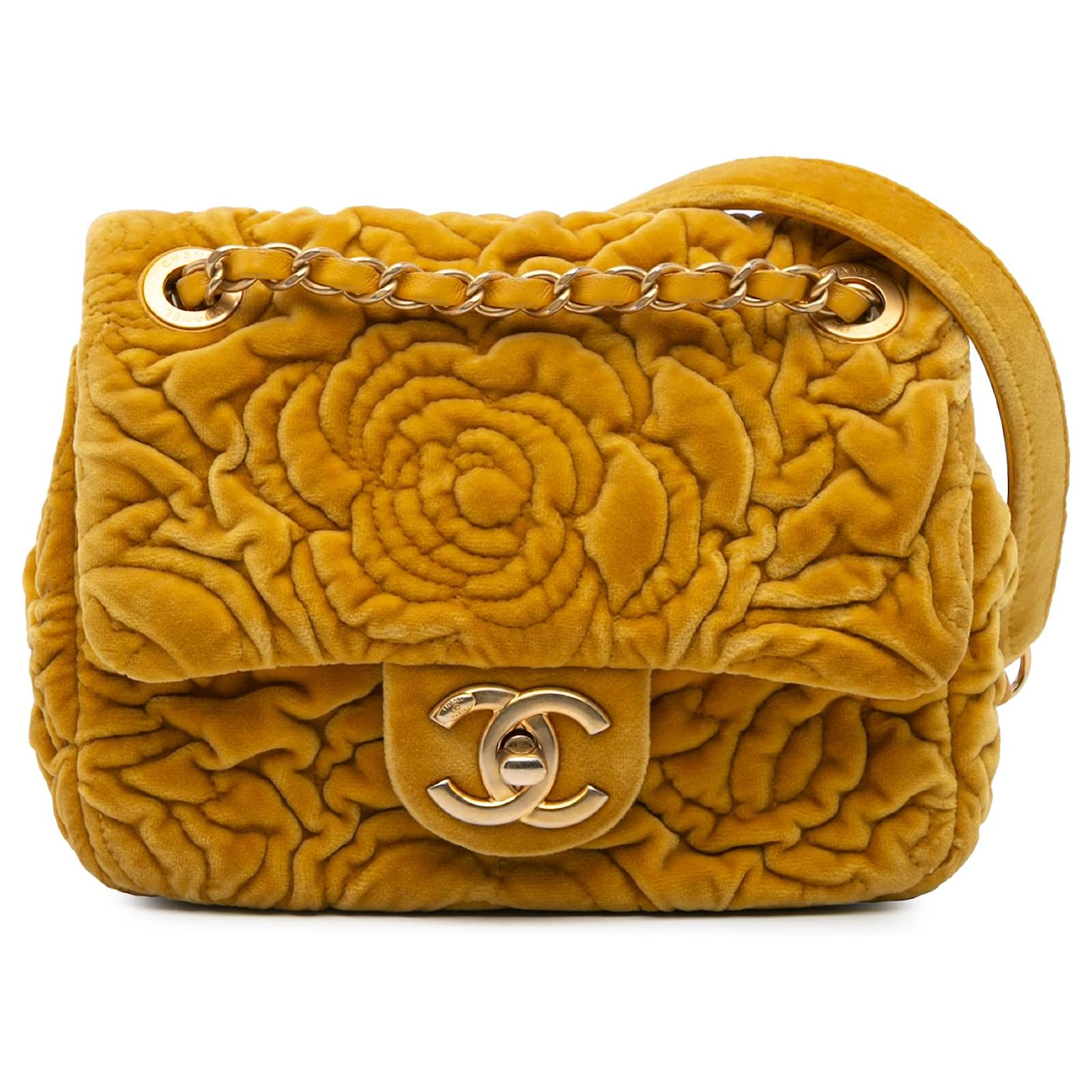 Chanel Yellow Mini Square Velvet Camellia Embossed Flap Mustard Cloth ...