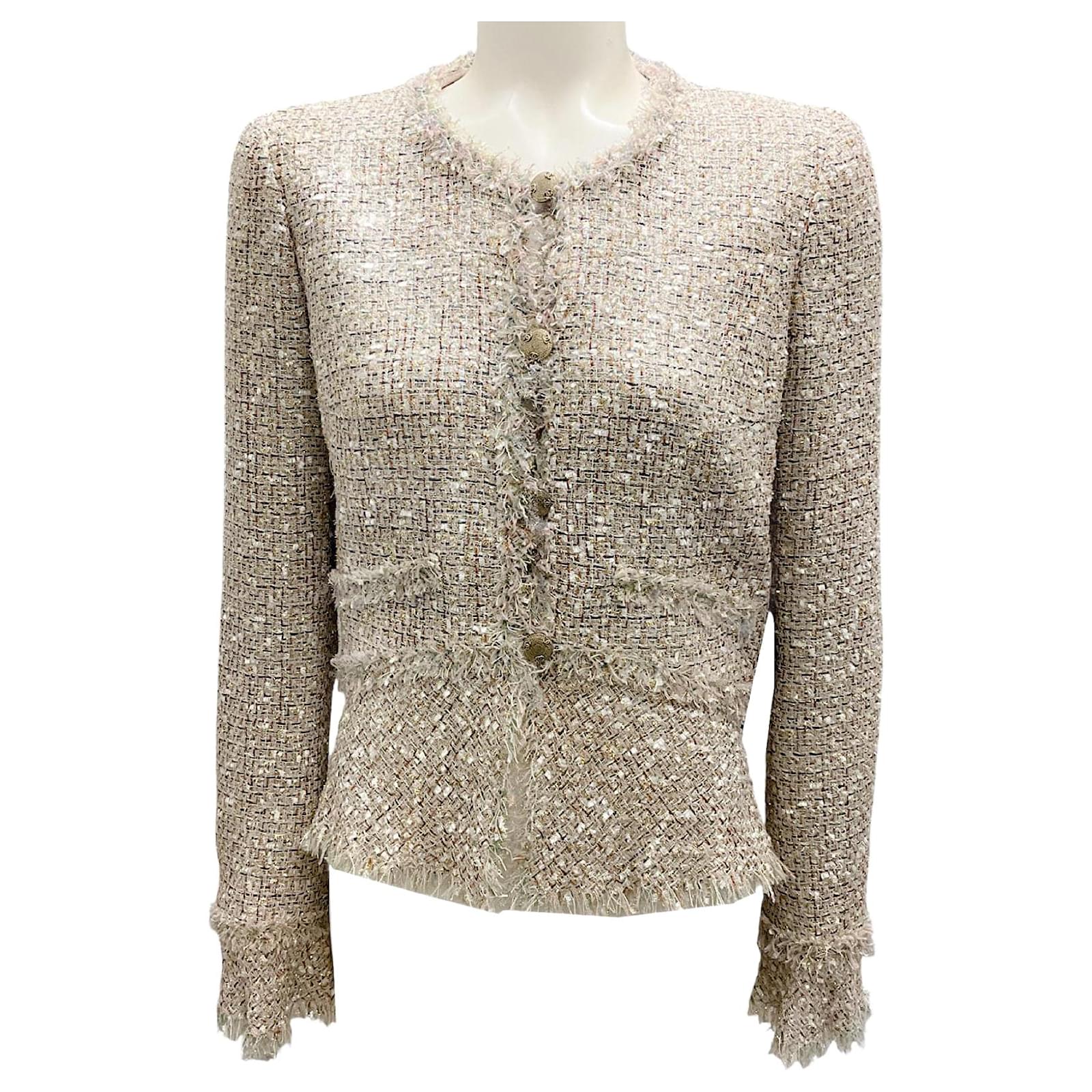 Chanel Blush / Gold 2005 Fringed CC Logo Button Tweed Jacket Multiple ...