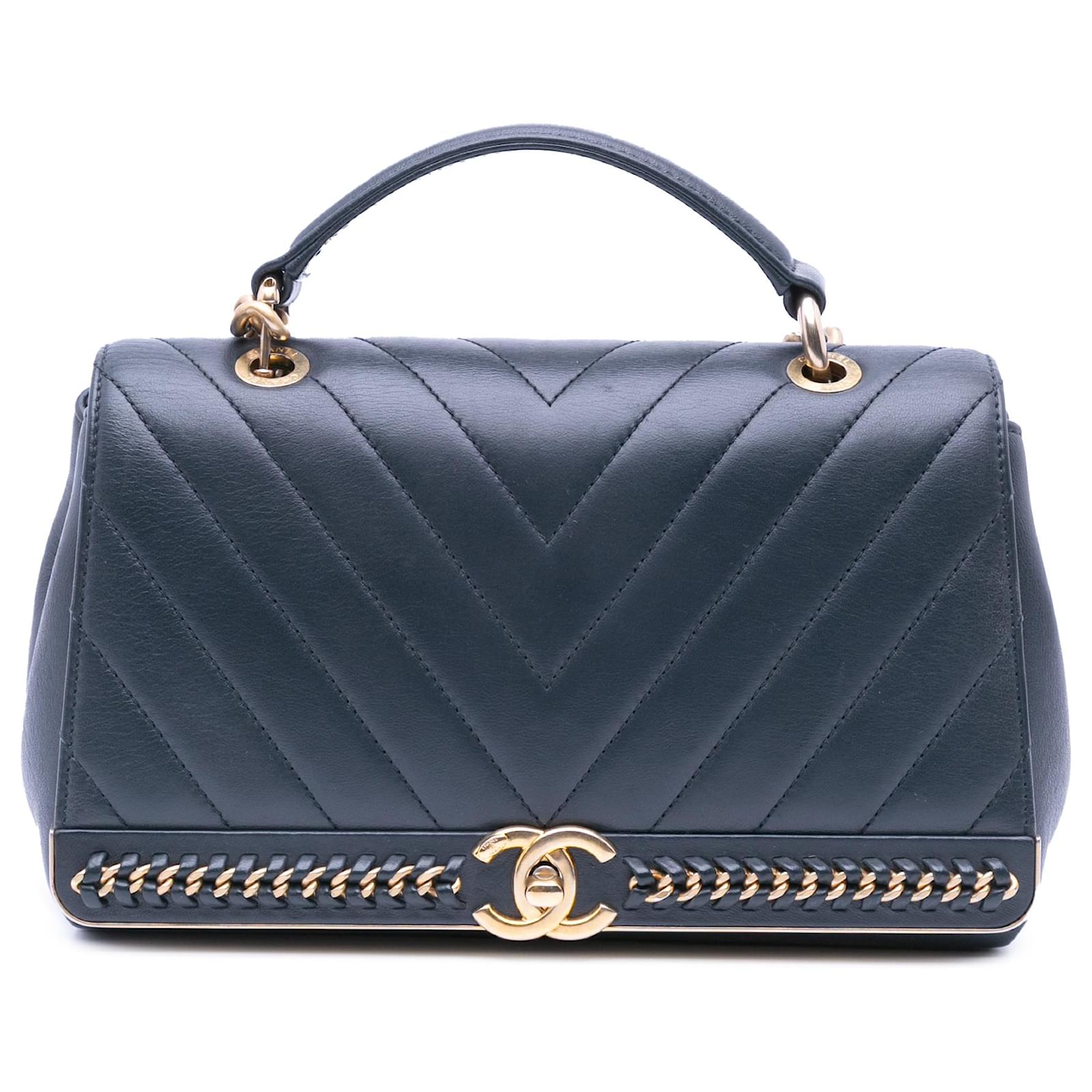 Chanel Black Chevron Sheepskin Stitched Chain Top Handle Flap Leather ...