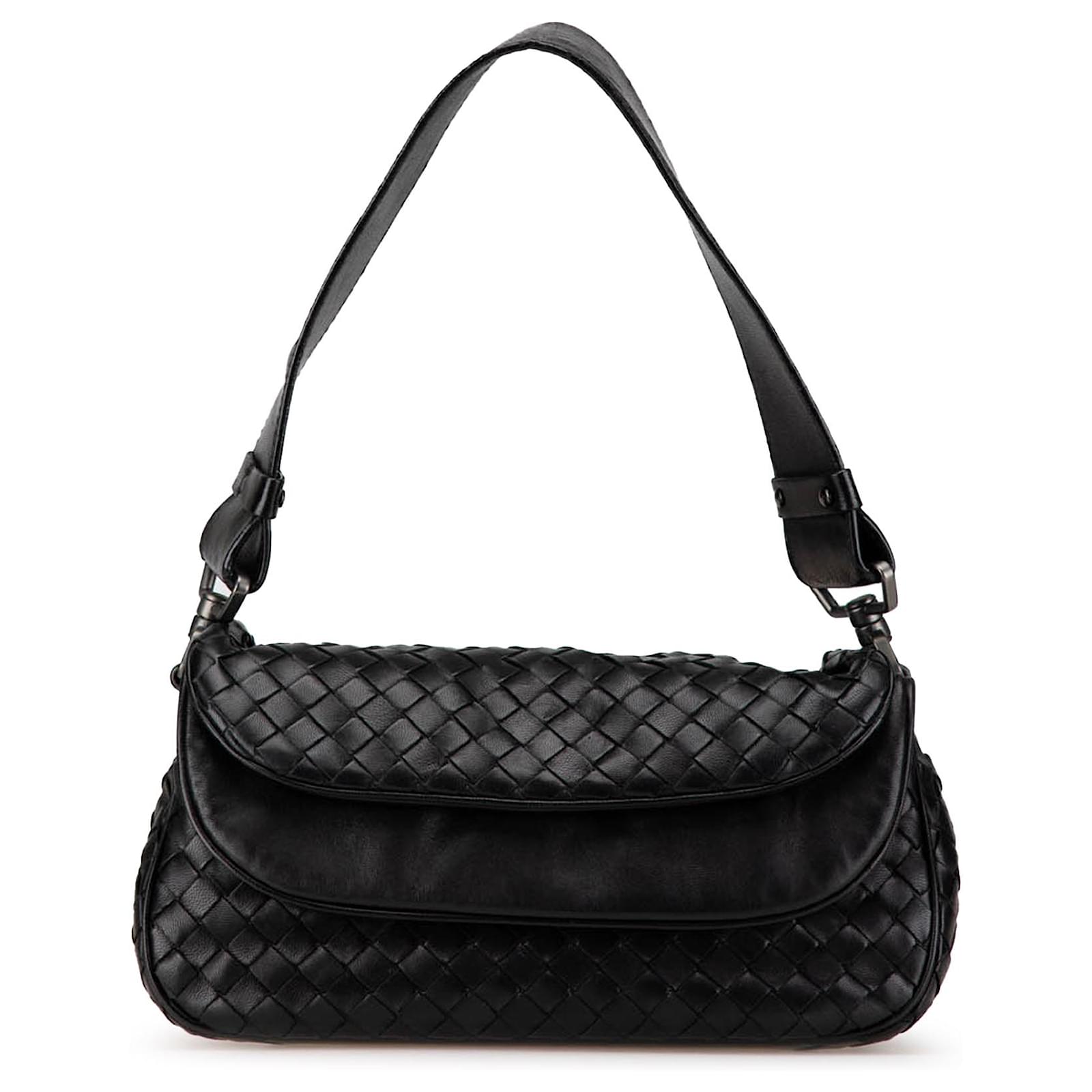 Bottega Veneta Black Leather Intrecciato Double Flap Shoulder Bag Pony ...
