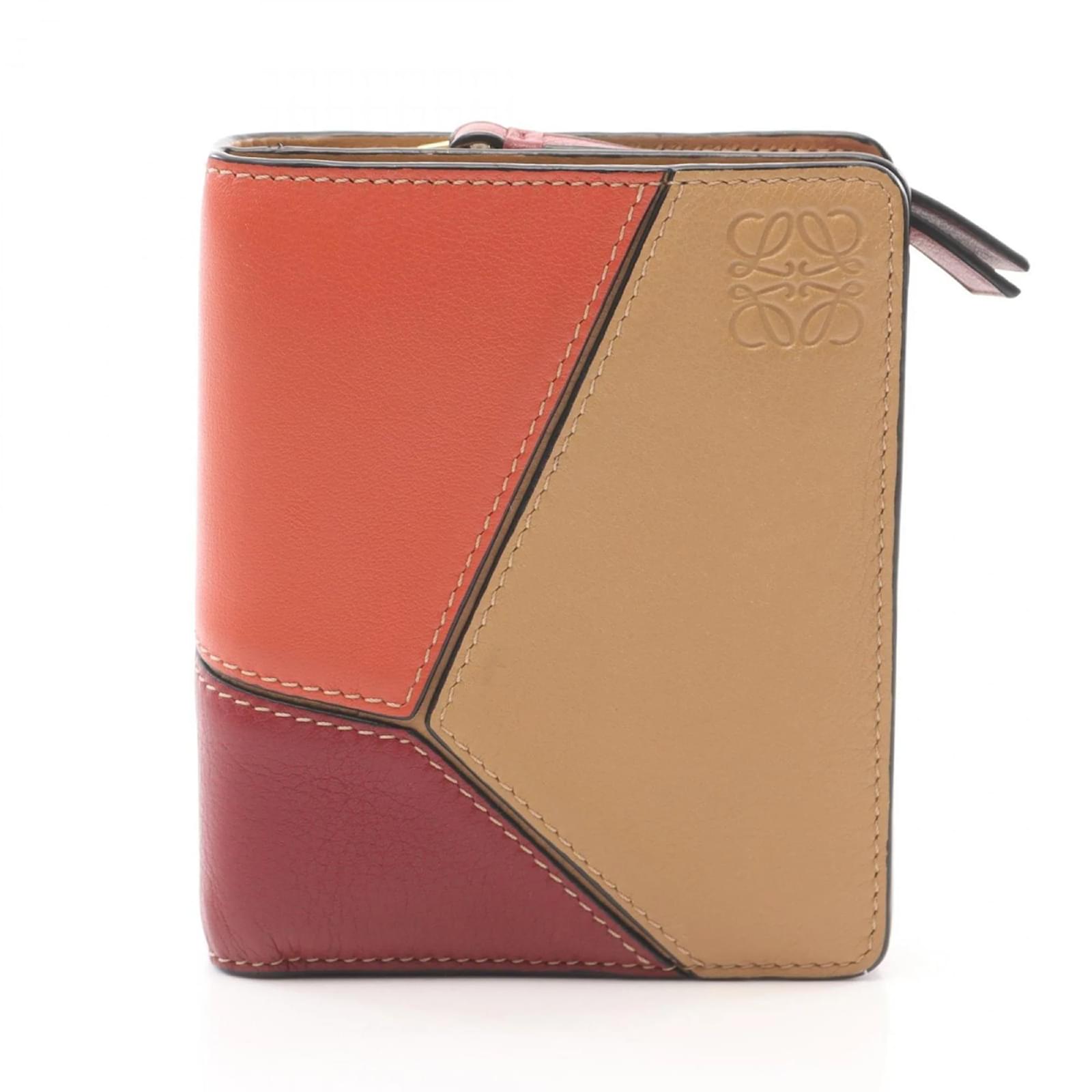Loewe Puzzle Bi-fold Wallet Beige Orange Dark red Leather ref.2085695 ...