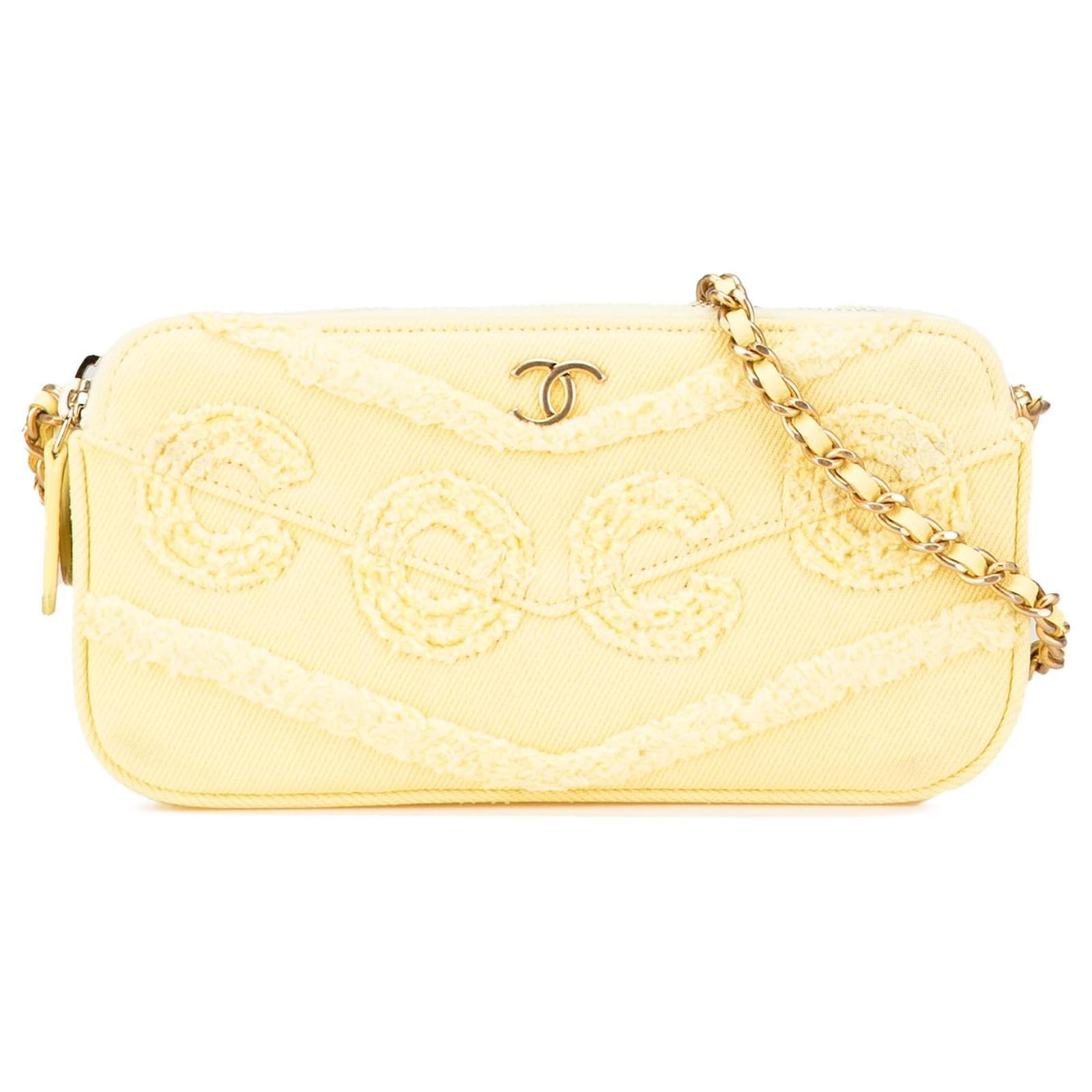 Chanel Yellow Denim Coco Fringe Double Zip Clutch with Chain Cloth ref ...