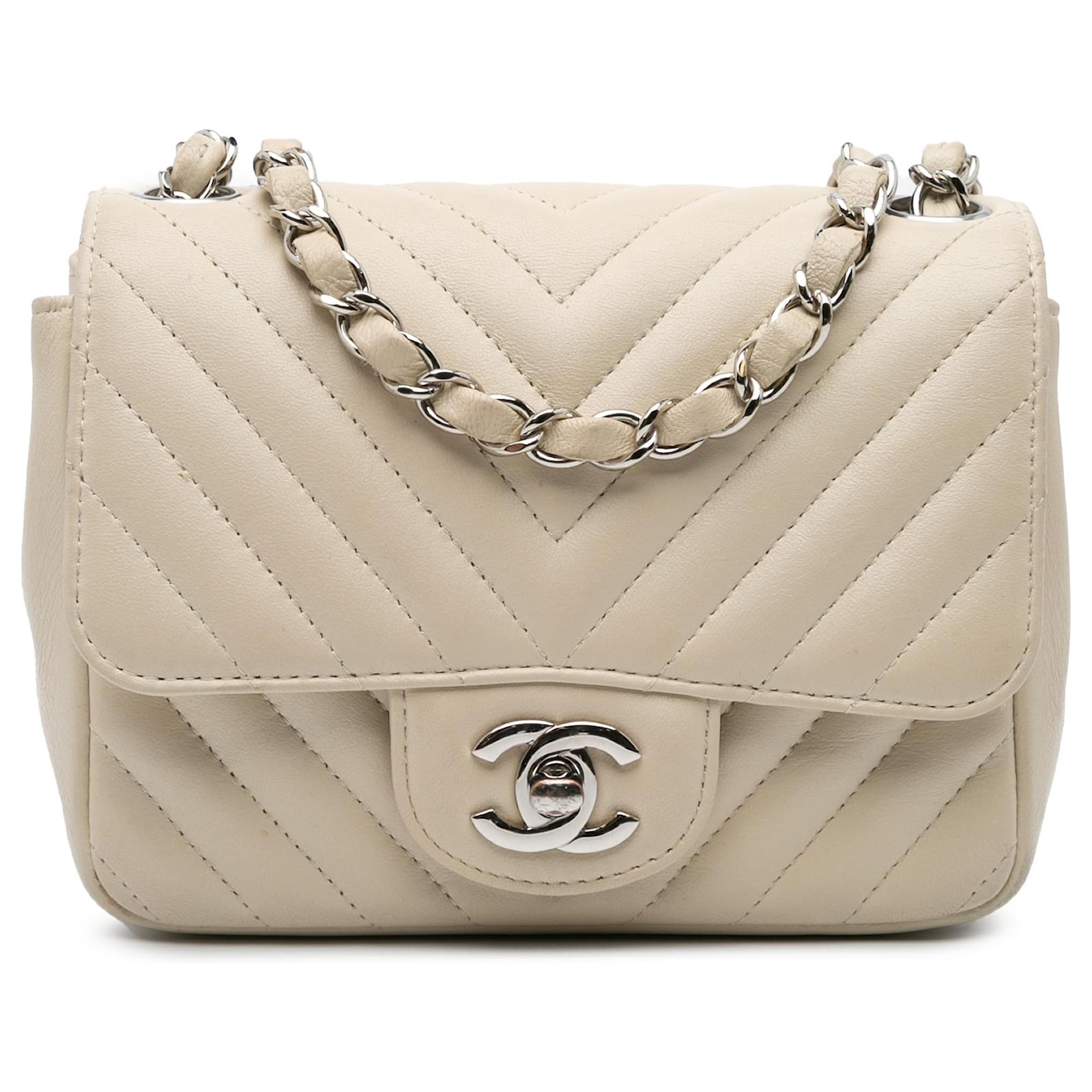 Chanel White Mini Square Classic Chevron Lambskin Single Flap Cream ...