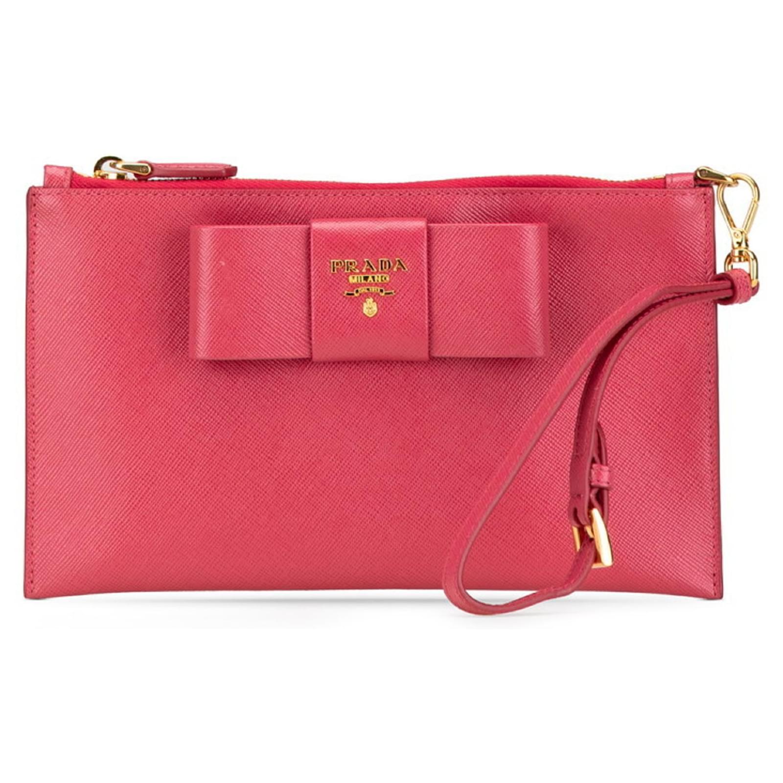 Prada Ribbon Saffiano Pouch Pink Leather ref.2090334 - Joli Closet