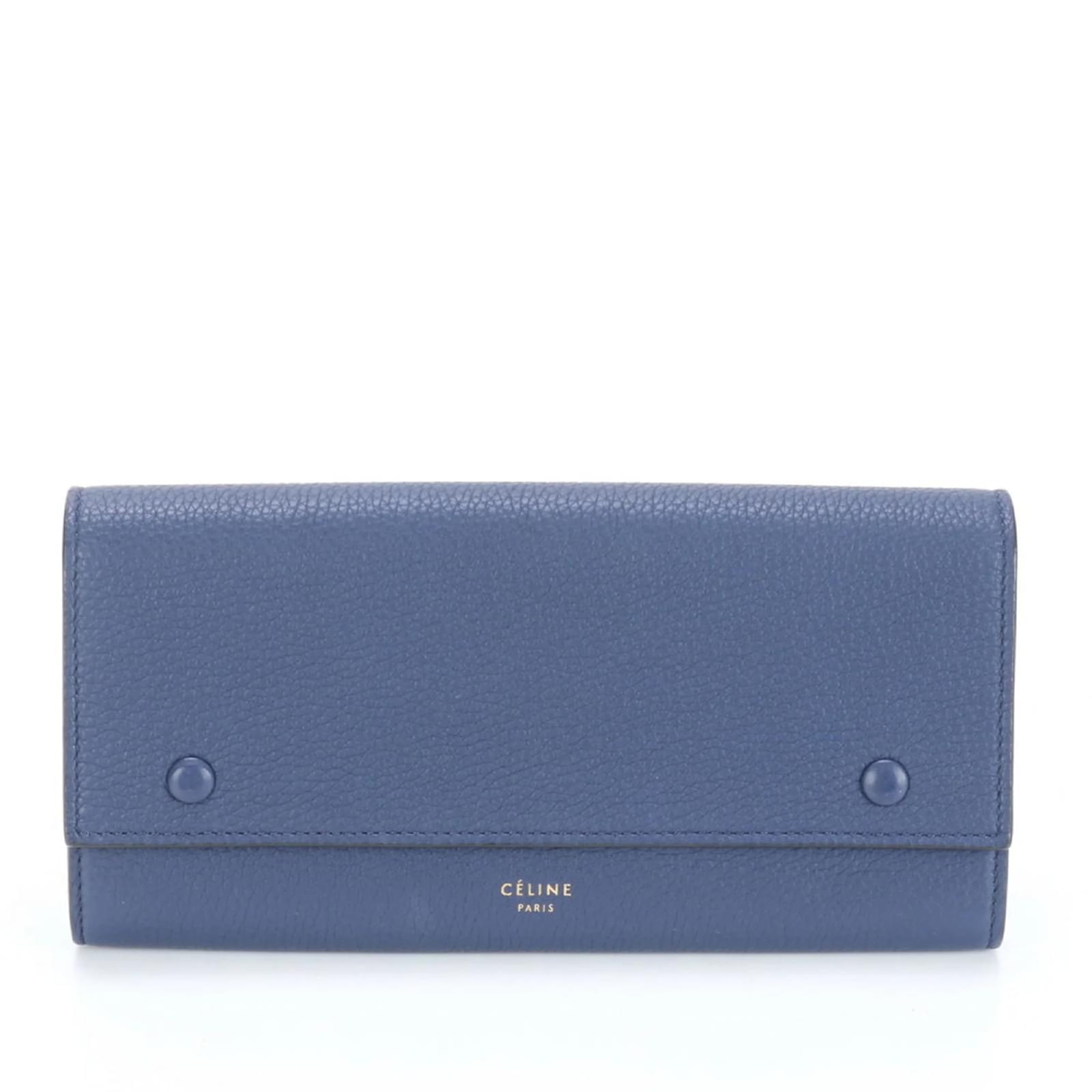 Céline Celine Large Flap Multi-Faction Leather Long Wallet Navy blue ...