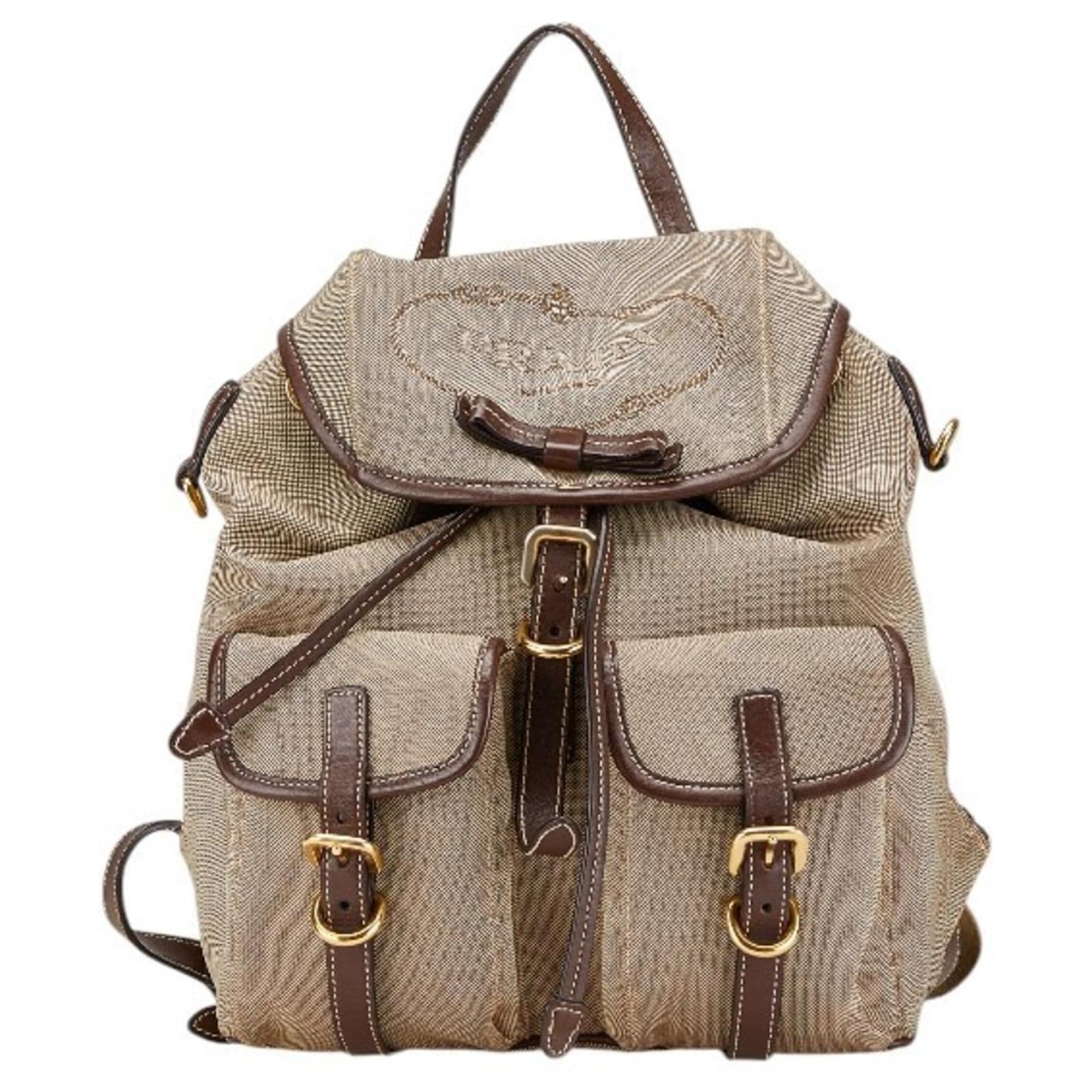 Prada Jacquard Backpack Brown Beige Leather Cloth ref.2094131 - Joli Closet