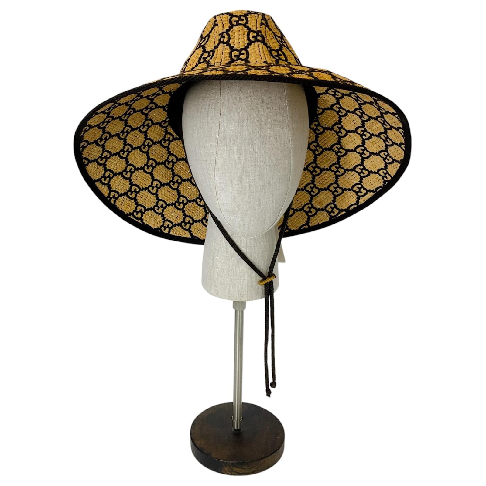Gucci Mustard / Dark Brown Unisex GG Raffia Wide Brim Hat Camel Wicker ...