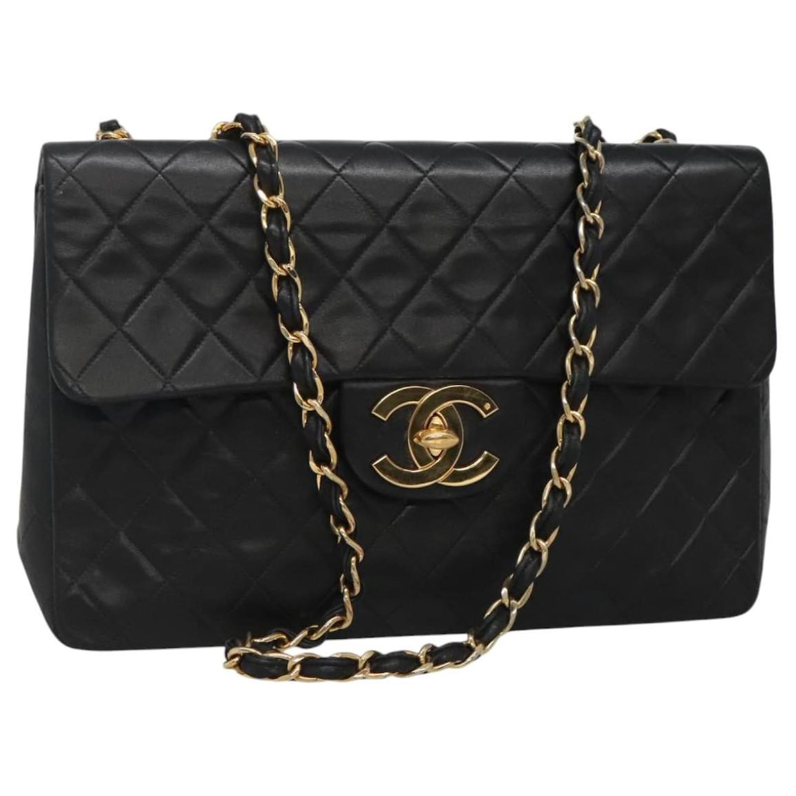 CHANEL Big Matelasse 34 Single Flap Chain Bag Lamb Skin Black CC Auth ...
