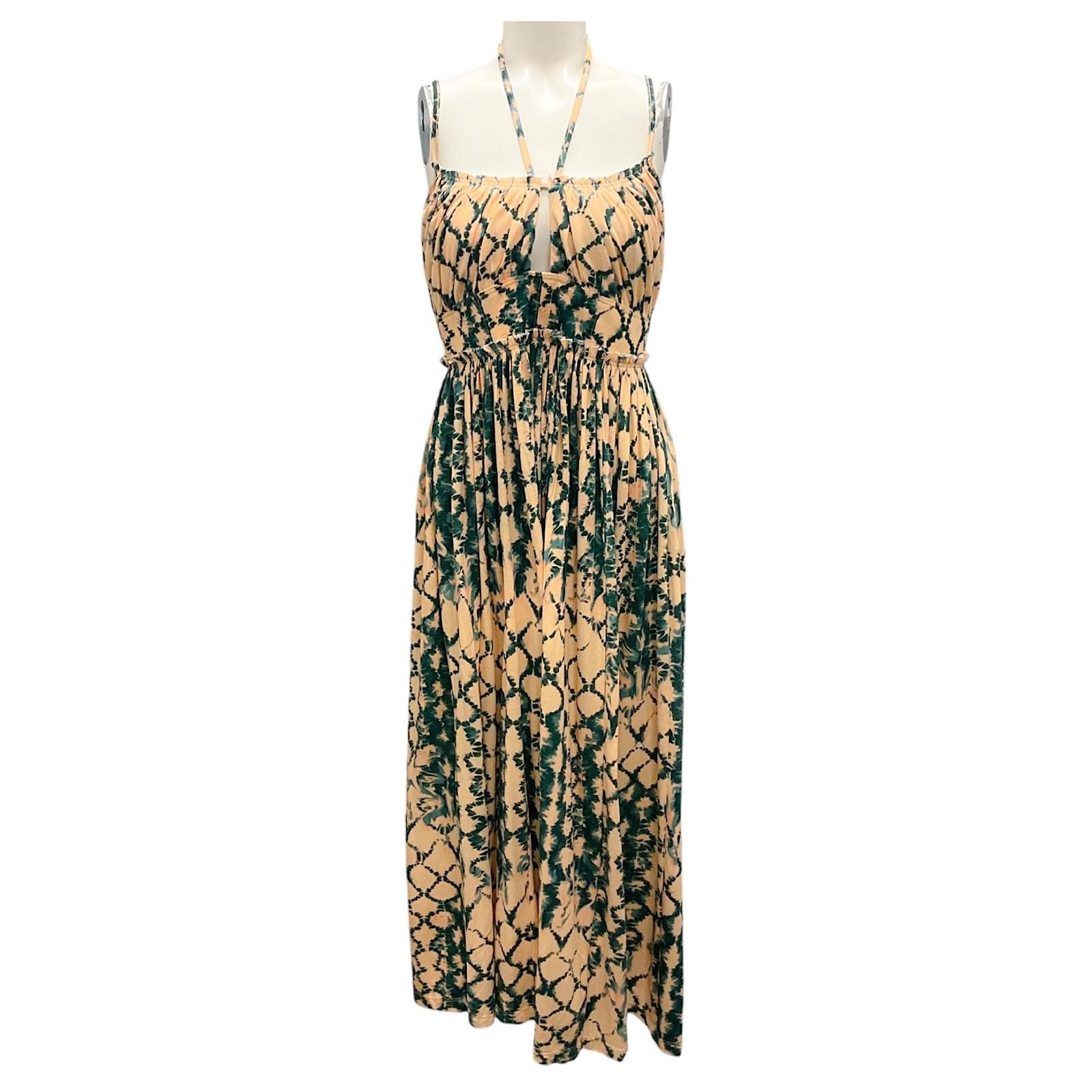 Ulla Johnson Peach / Green Fossil Print Freya Halter Midi Dress ...