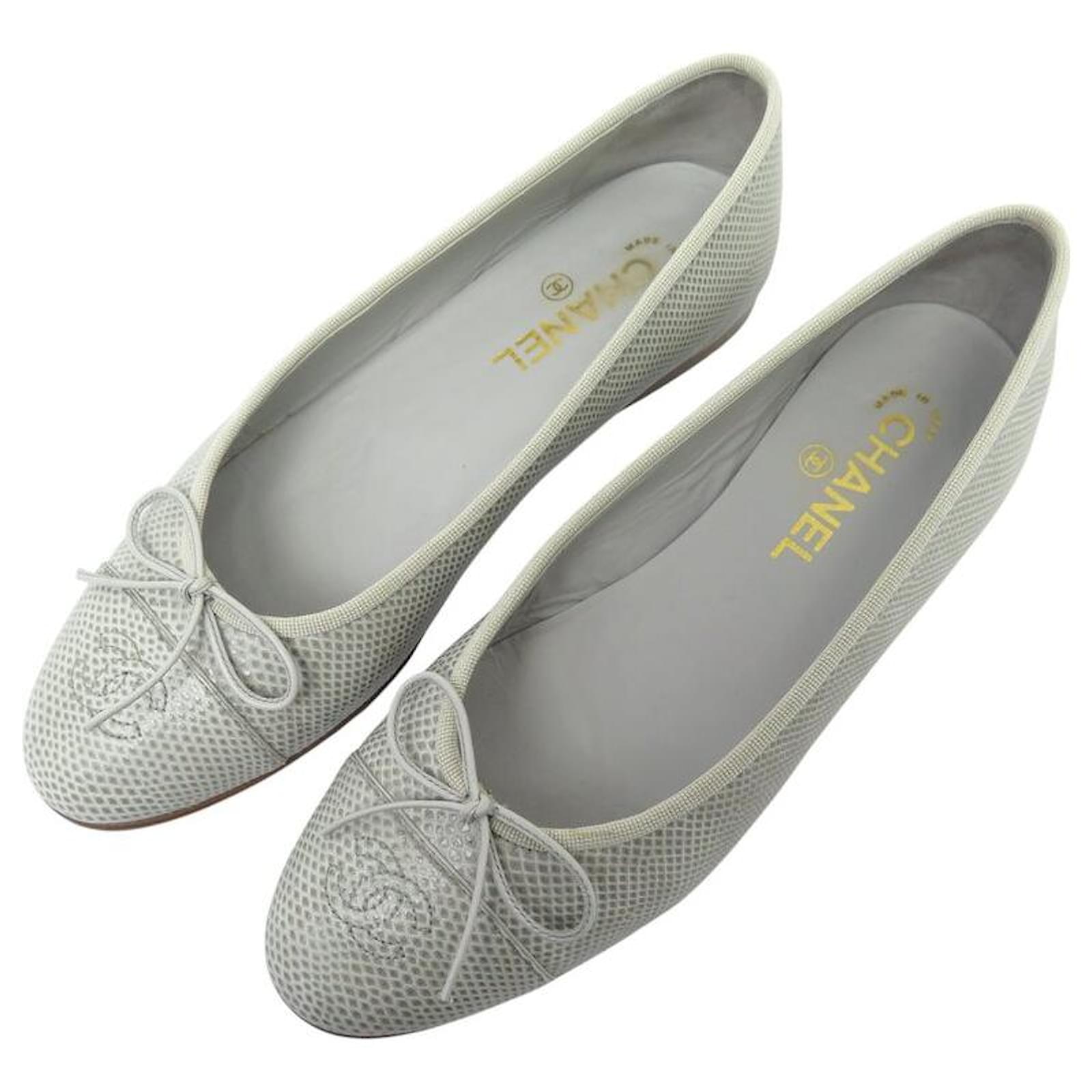 CHANEL BALLET FLATS CC LOGO IN GREY LIZARD LEATHER 39.5 LIZARD SHOES ...