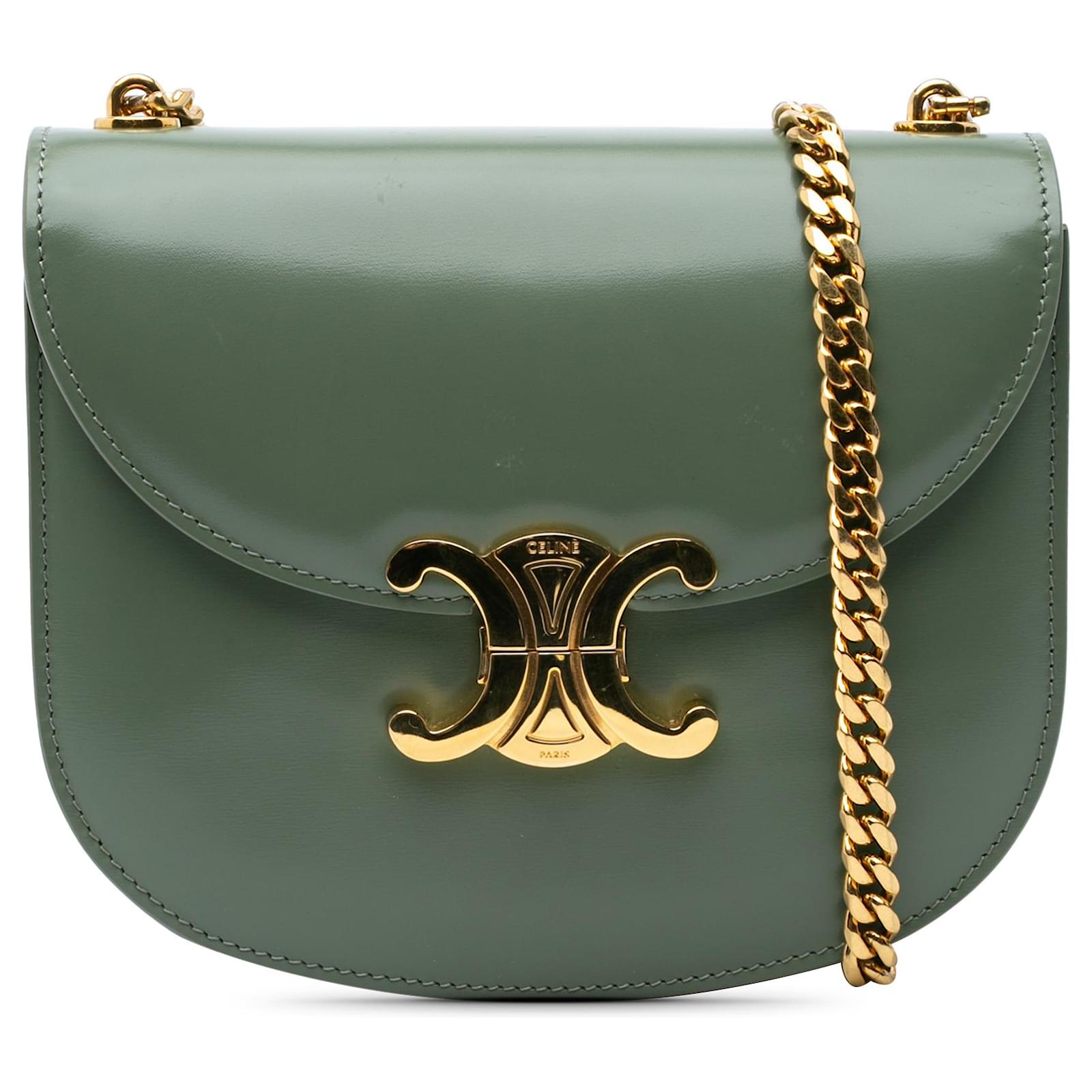 Céline Celine Green Shiny Calfskin Triomphe Besace Clea Chain Crossbody Olive green Leather Pony ...