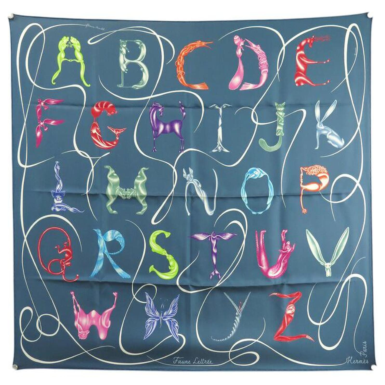 Hermès NINE HERMES SCARF FAUNE LETTREE SILK BLUE + BOX FLORENCE MANLIK ...