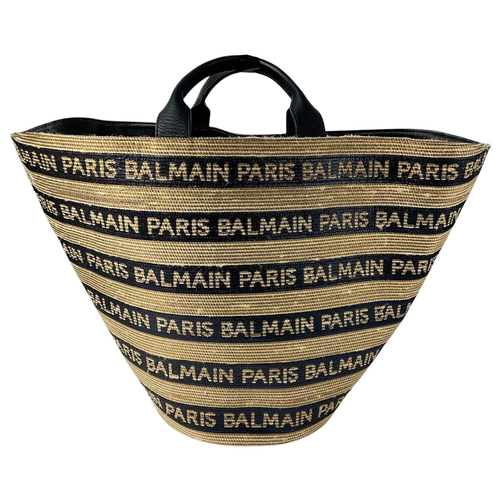 Balmain Natural / Black Striped Raffia Logo Beach Tote Bag Camel Wicker ...
