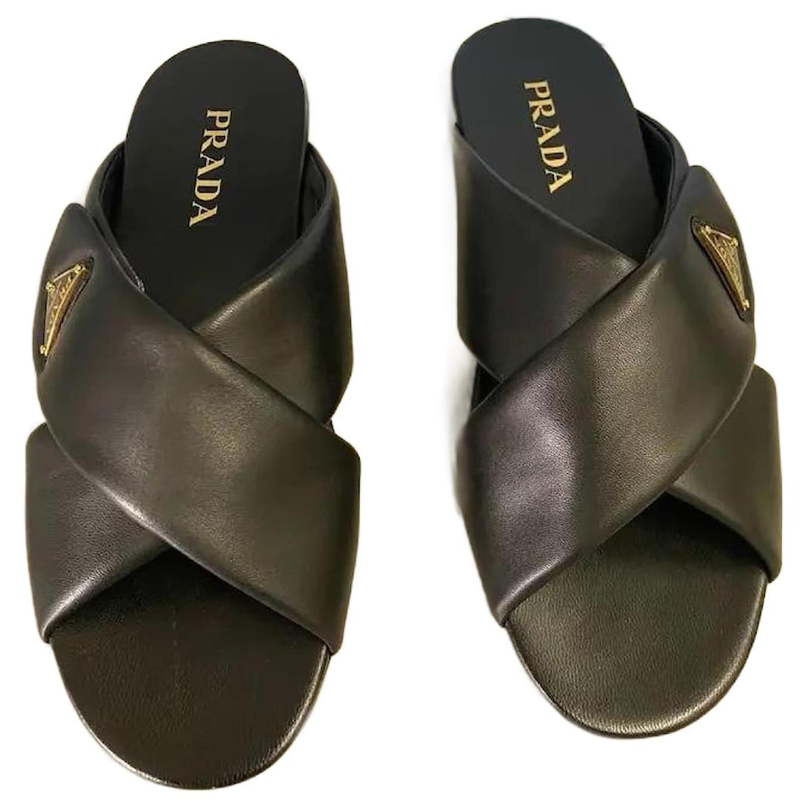 PRADA LOGO SLIDE SANDALS Black Leather ref.2120508 - Joli Closet