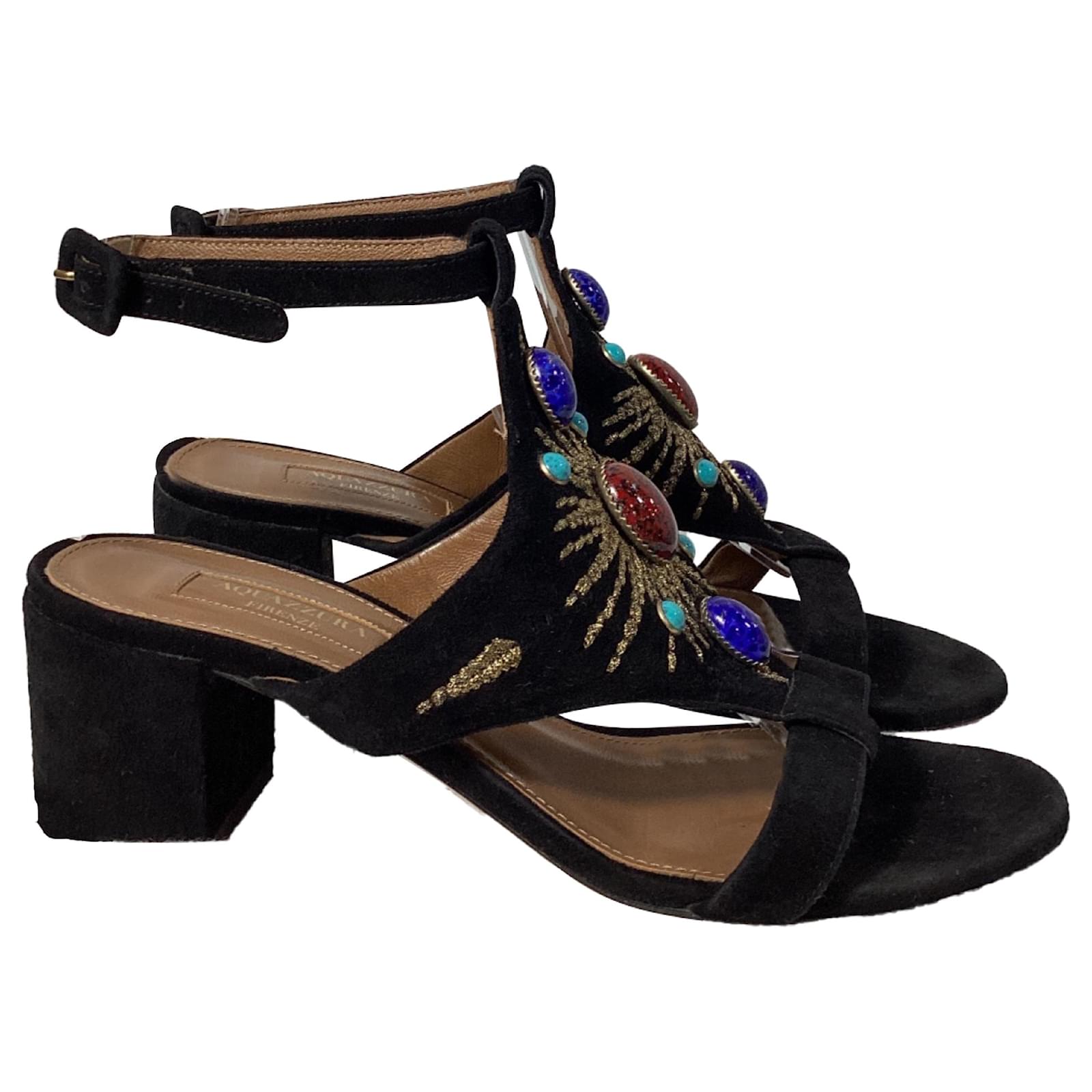 Aquazzura Desert Sun Embellished Sandal Heels in Black Suede Multiple ...