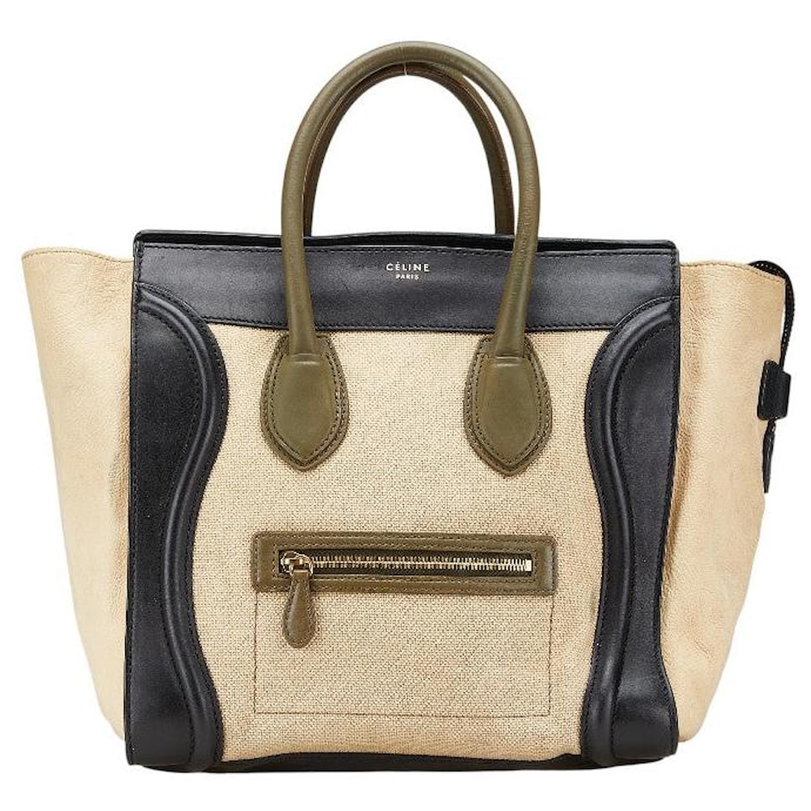 Céline Celine Canvas Leather Luggage Medium Handbag Brown Beige Cloth ...