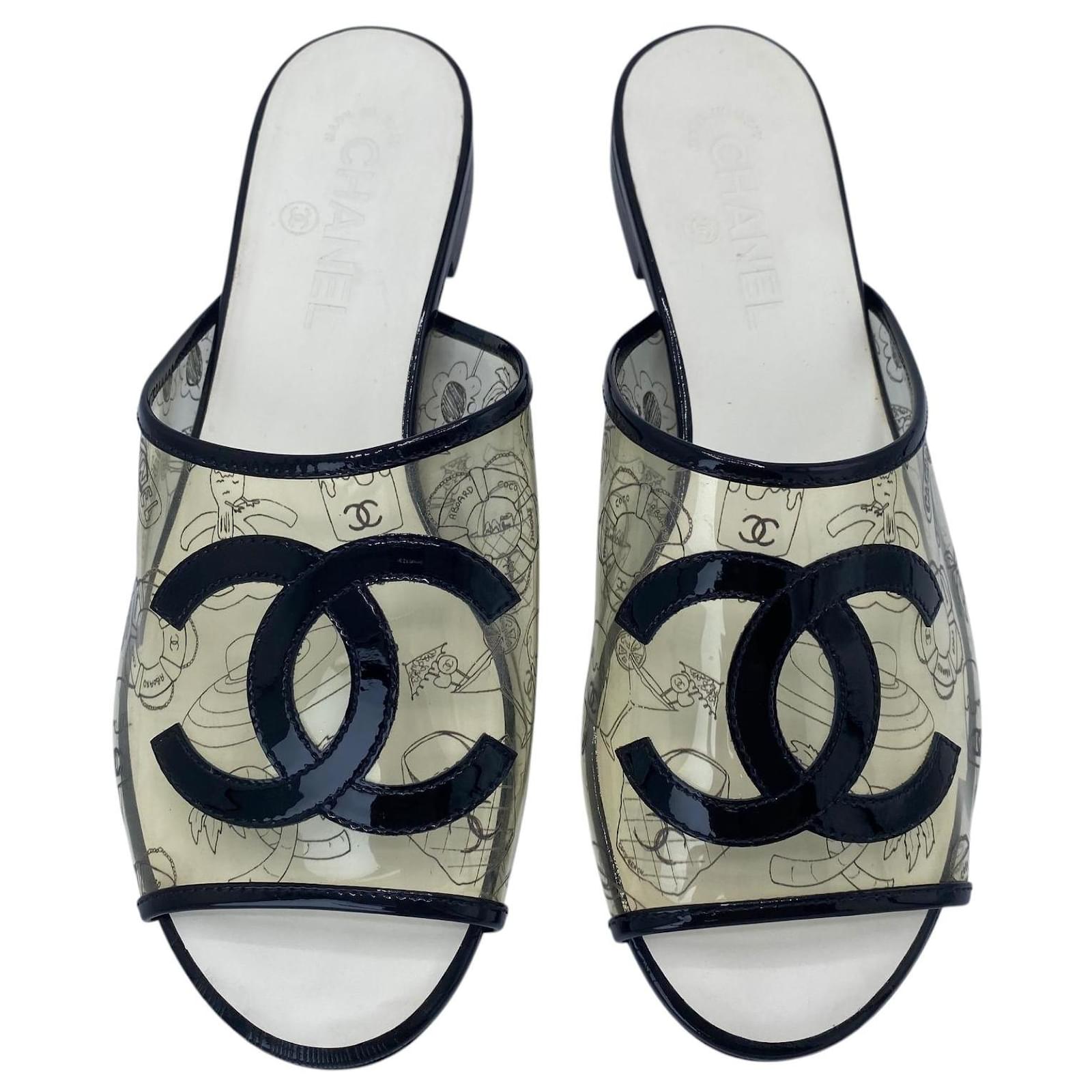 Rare Chanel PVC Black Patent Leather CC Logos Flat Slide Sandals EU 39 ...