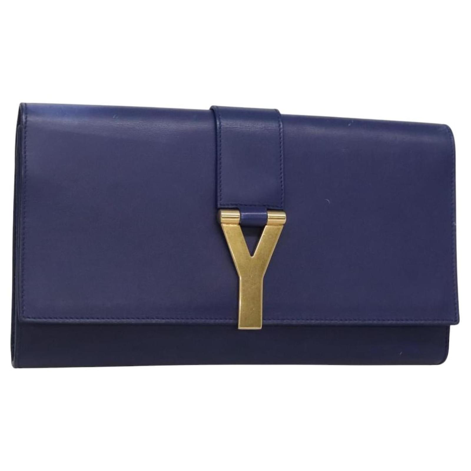 SAINT LAURENT Clutch Bag Leather Blue Gold 311213 Auth MX188 Golden ref ...