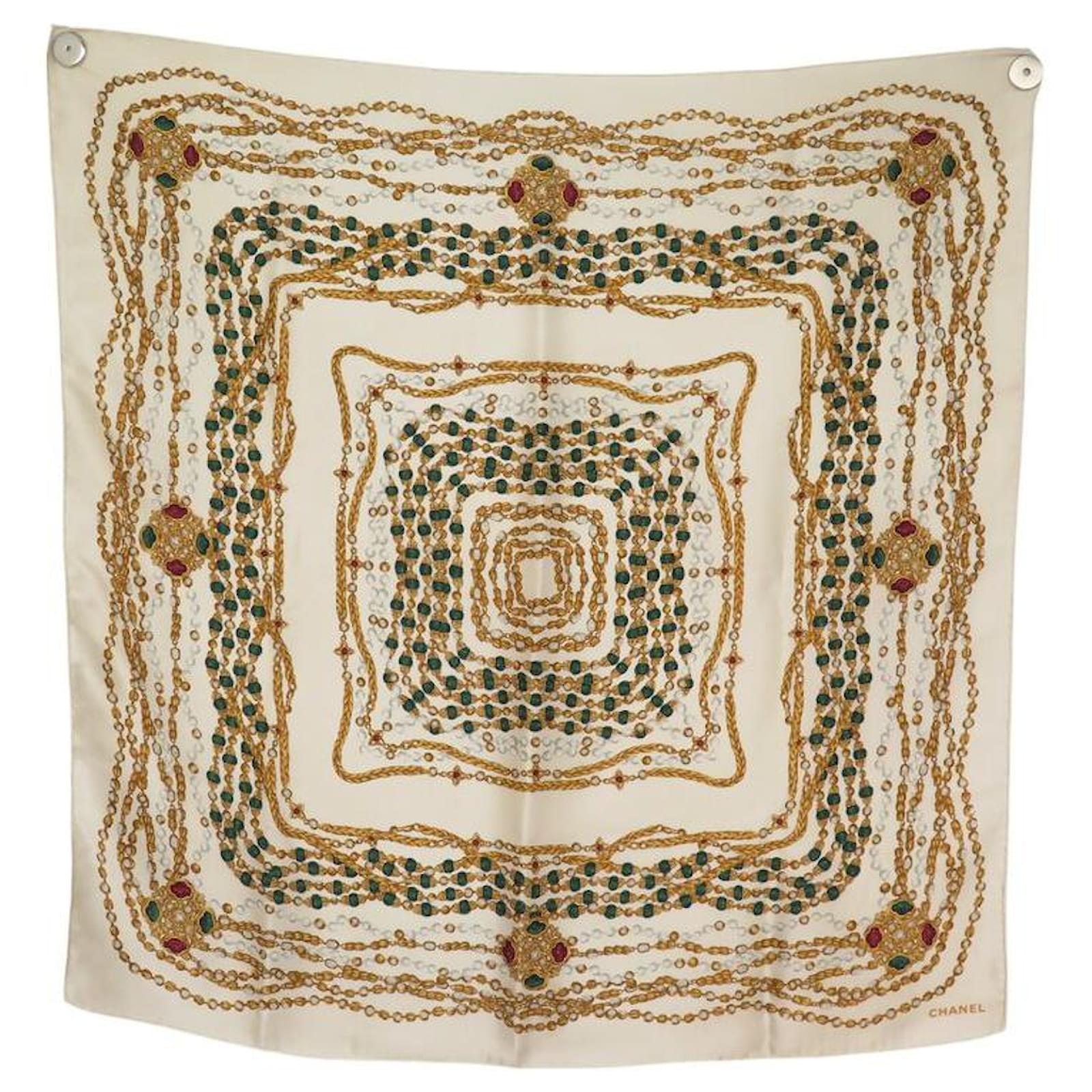 VINTAGE CHANEL SCARF GRIPOIX JEWEL PATTERN 90 ECRU SILK SCARF Cream ref ...