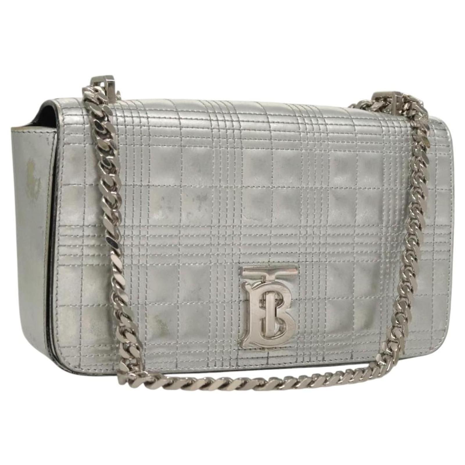 BURBERRY Chain Shoulder Bag Patent leather Silver Auth KD291 Silvery ...