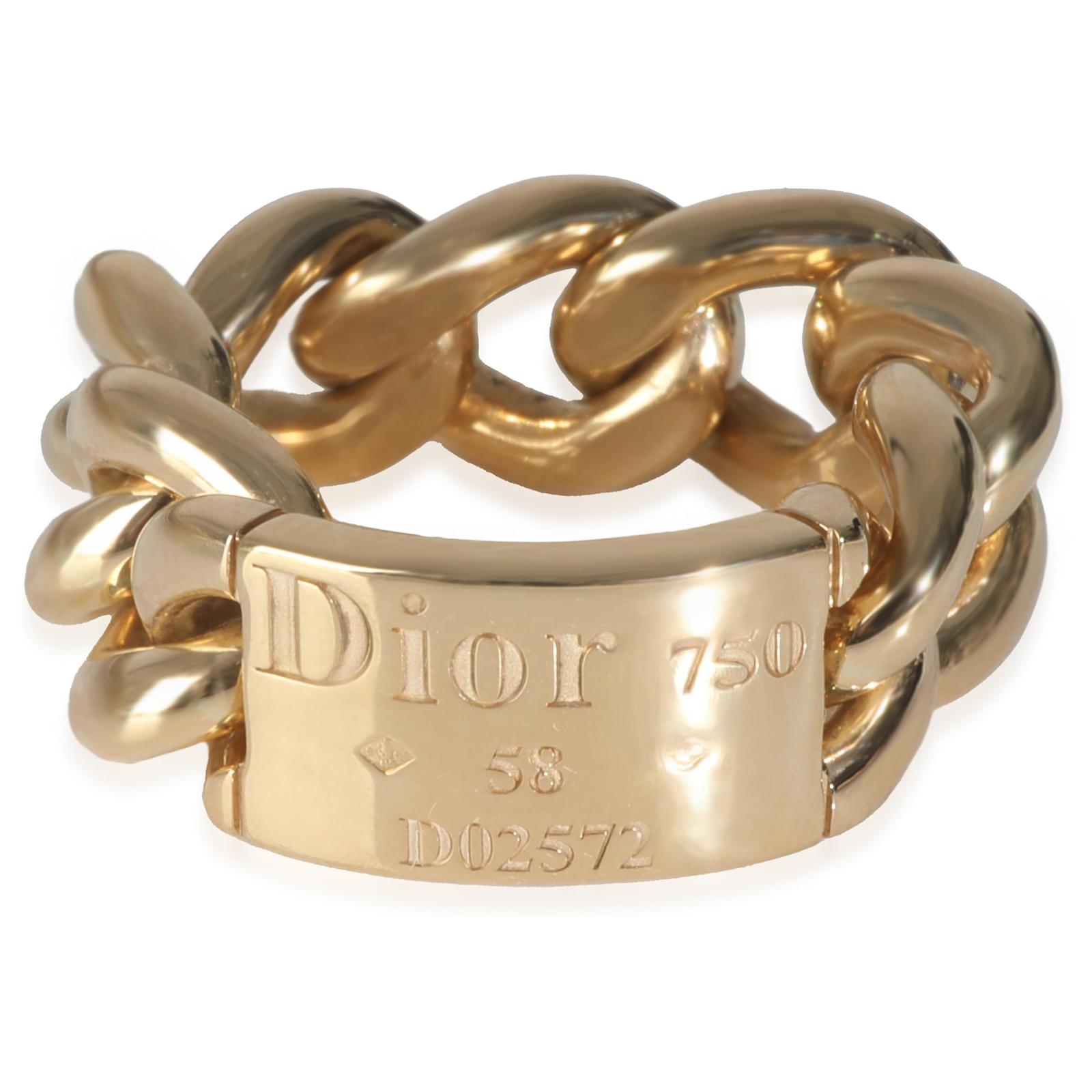 Christian Dior Yellow Gold Chain Link Tag Ring Silvery Metallic Metal ...